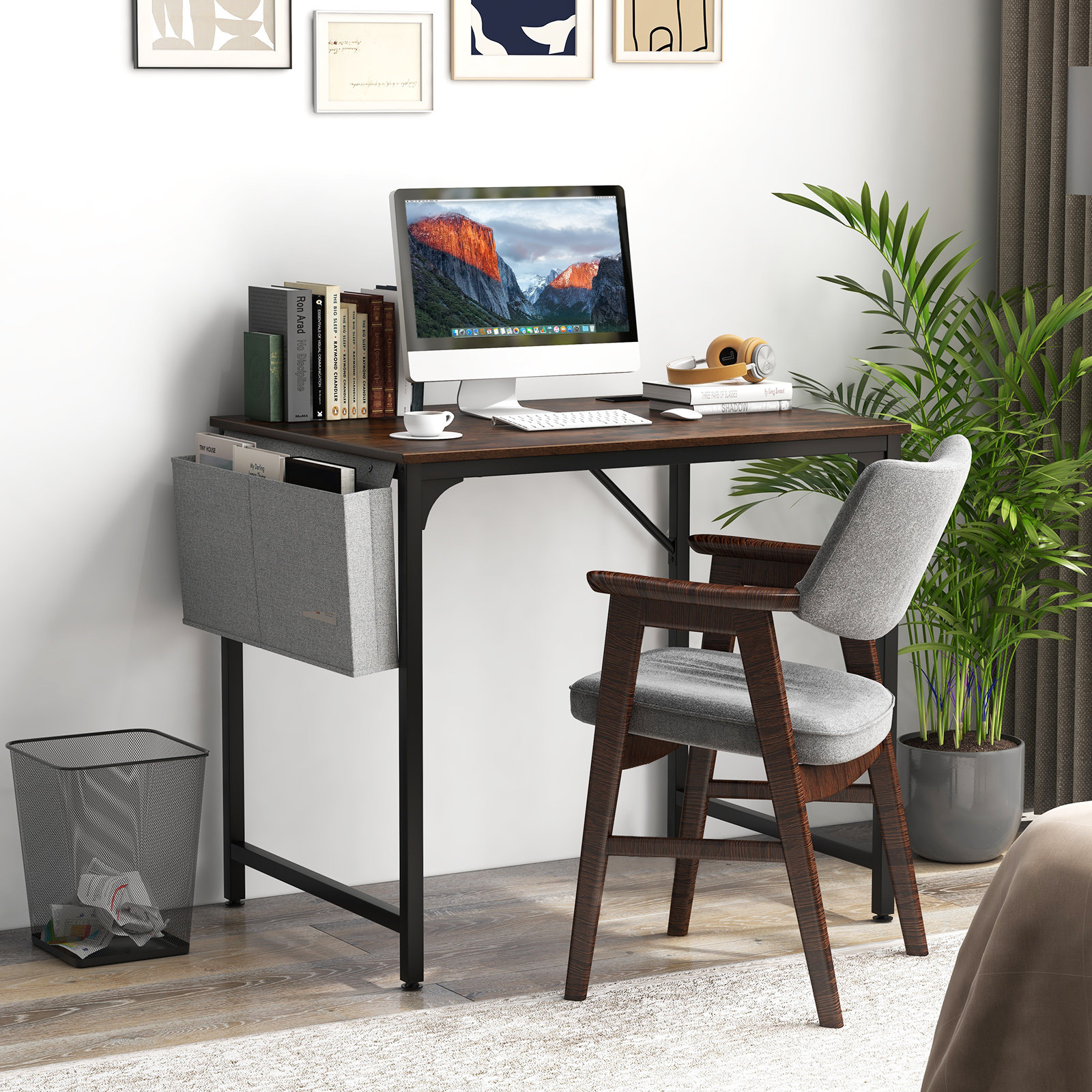 Ebern Designs Home Office Desk, Computer Desk w/Recessed Power Strip ...