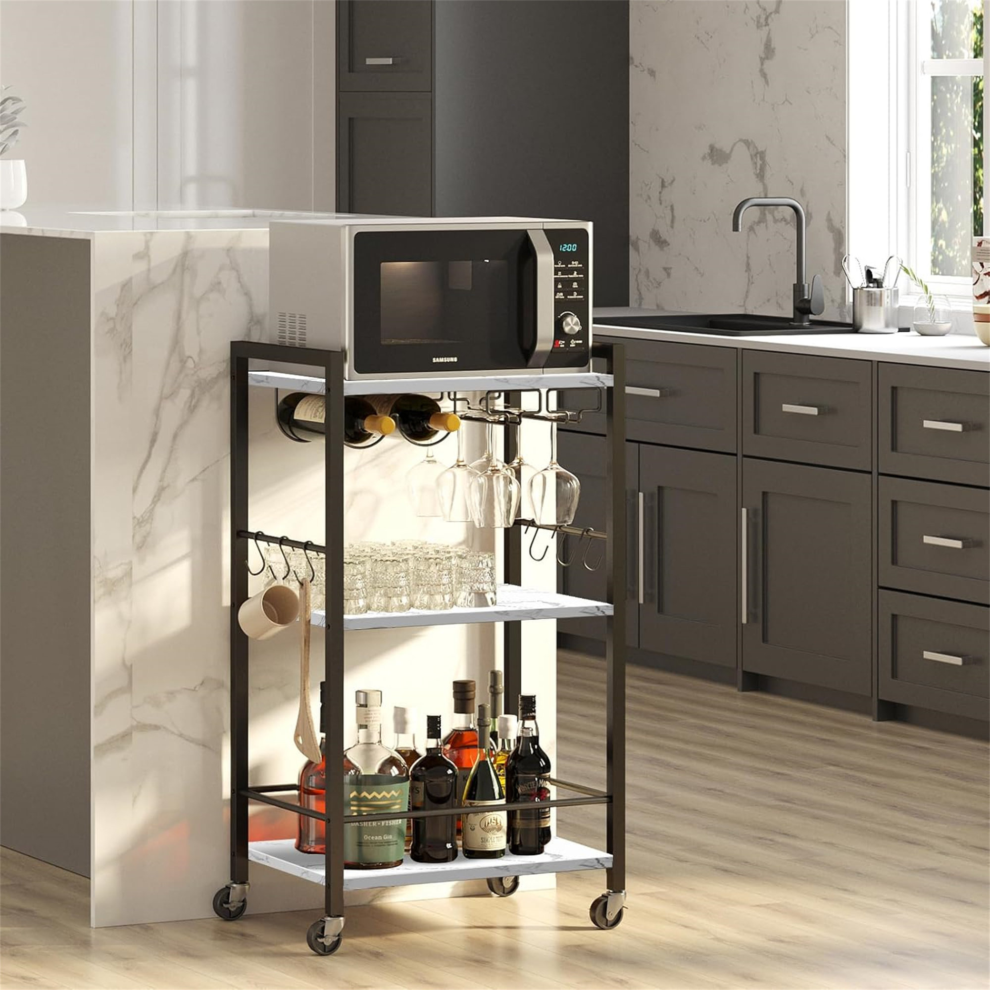 EXEBIL Bar Cart, Home Bar Serving Cart, Small Wine Cart with 3-Tier ...