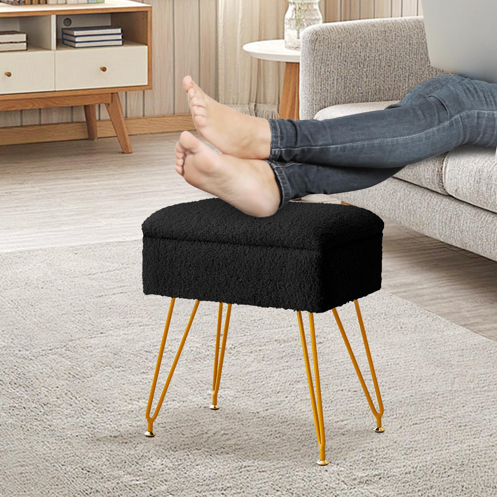 Mercer41 Vanity Stool Chair Ottoman With Storage, Sherpa Vanity Chair ...