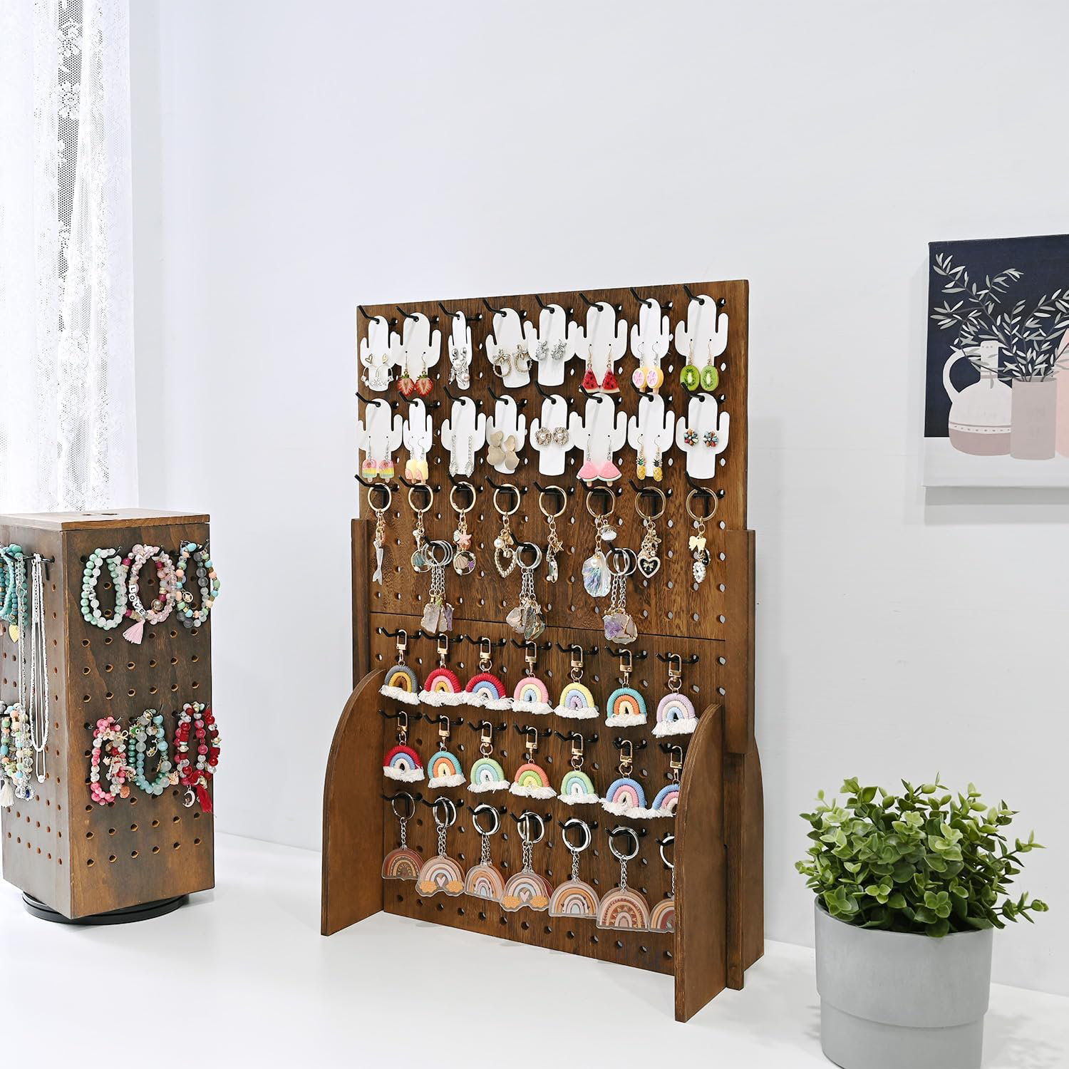 Ebern Designs Wood Standing Pegboard Jewelry Display With 48 Removable ...