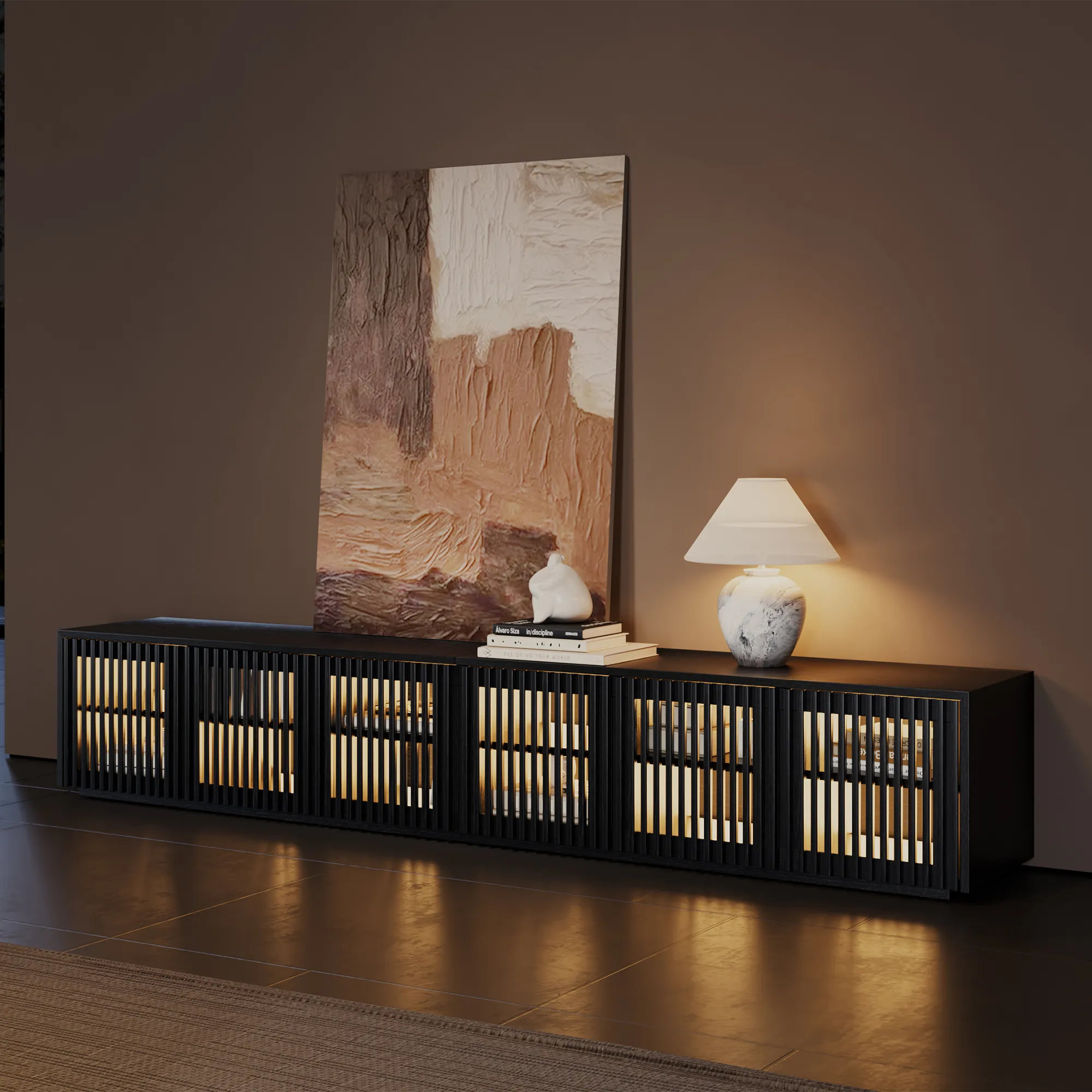 POVISON Mid-Century Modern Wood Slatted TV Stand With LED Lights, Fully ...