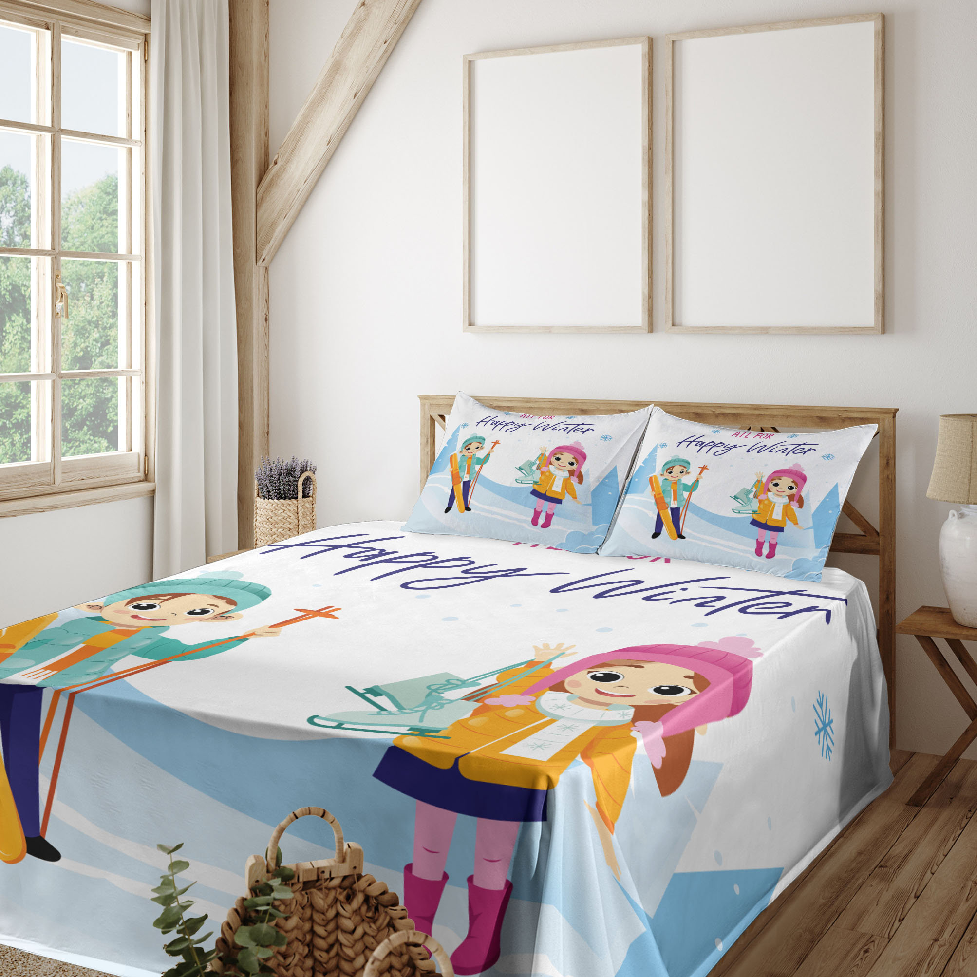 Ambesonne Skiing Sheet Set All For Happy Winter Cartoon Dark Indigo and ...