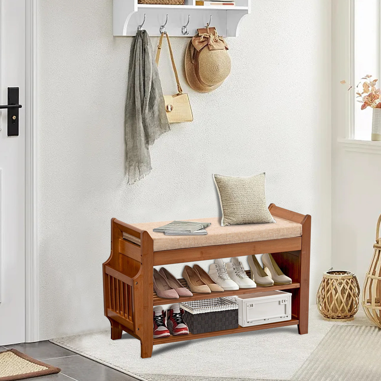 Wildon Home® Shoe Storage Bench for Entryway, Bamboo Entryway Bench ...