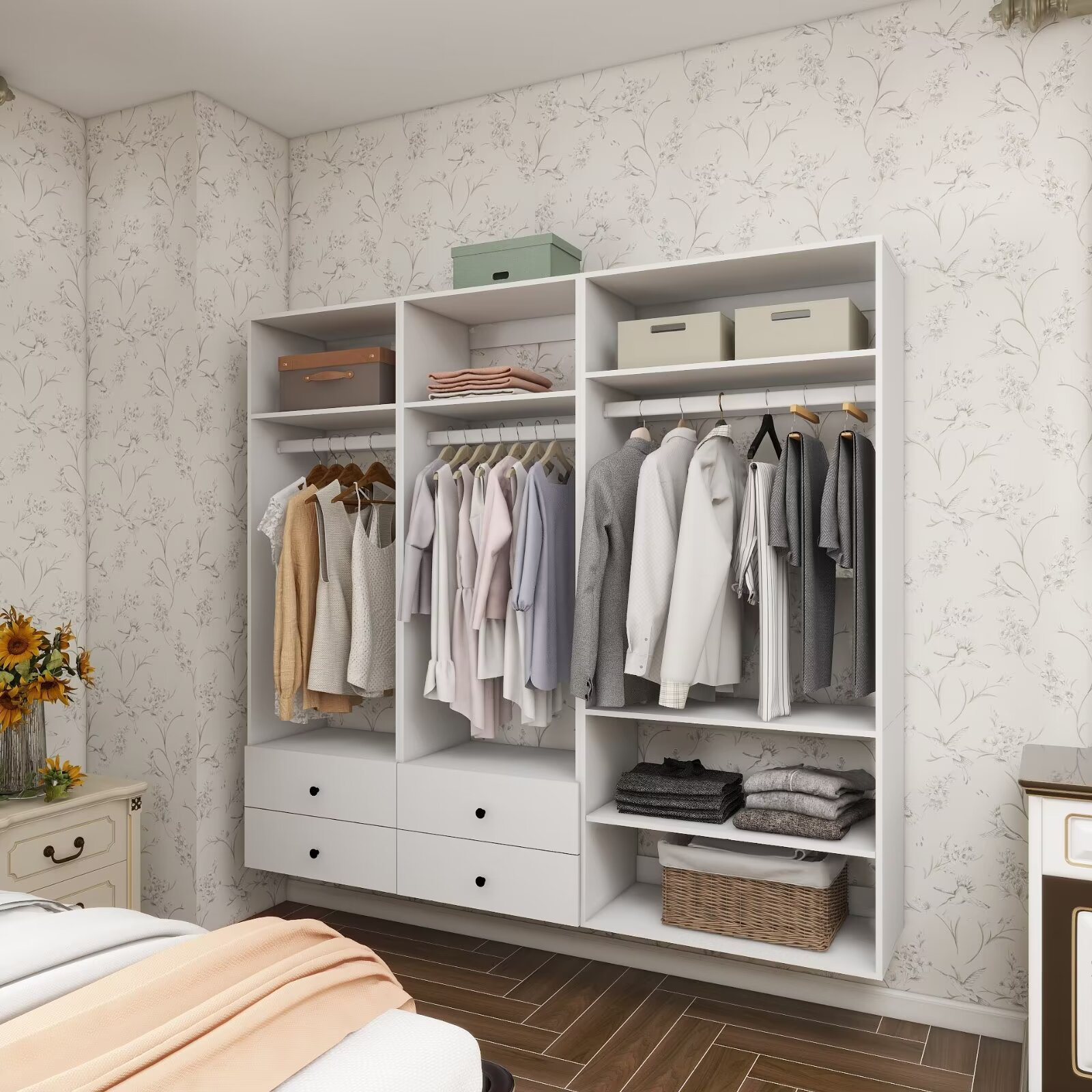 Latitude Run® White Modular Walk in Closet Organizer System with 3 rods ...