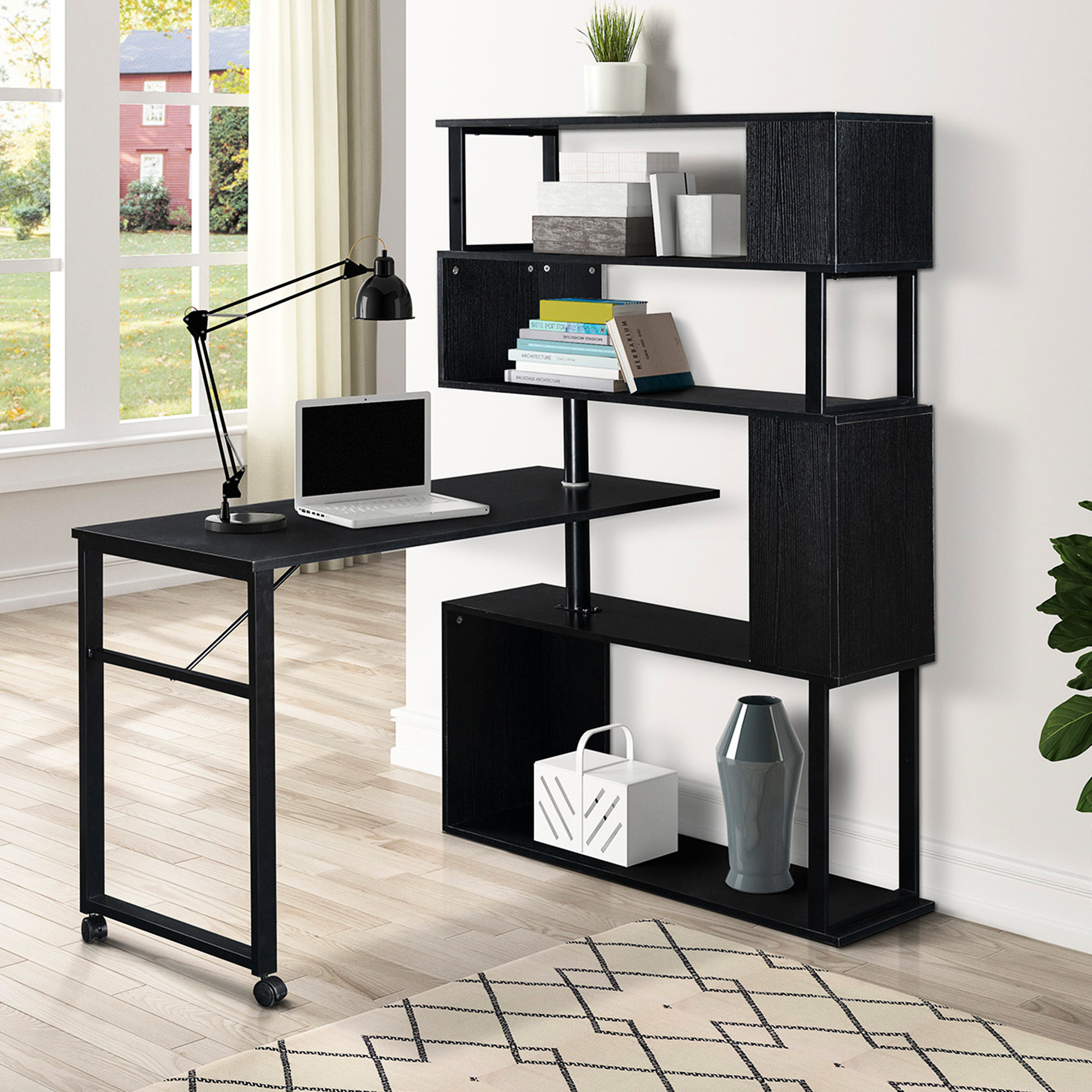Ivy Bronx L-shaped Computer Table With 5 Bookcase, Rotating, Materials ...