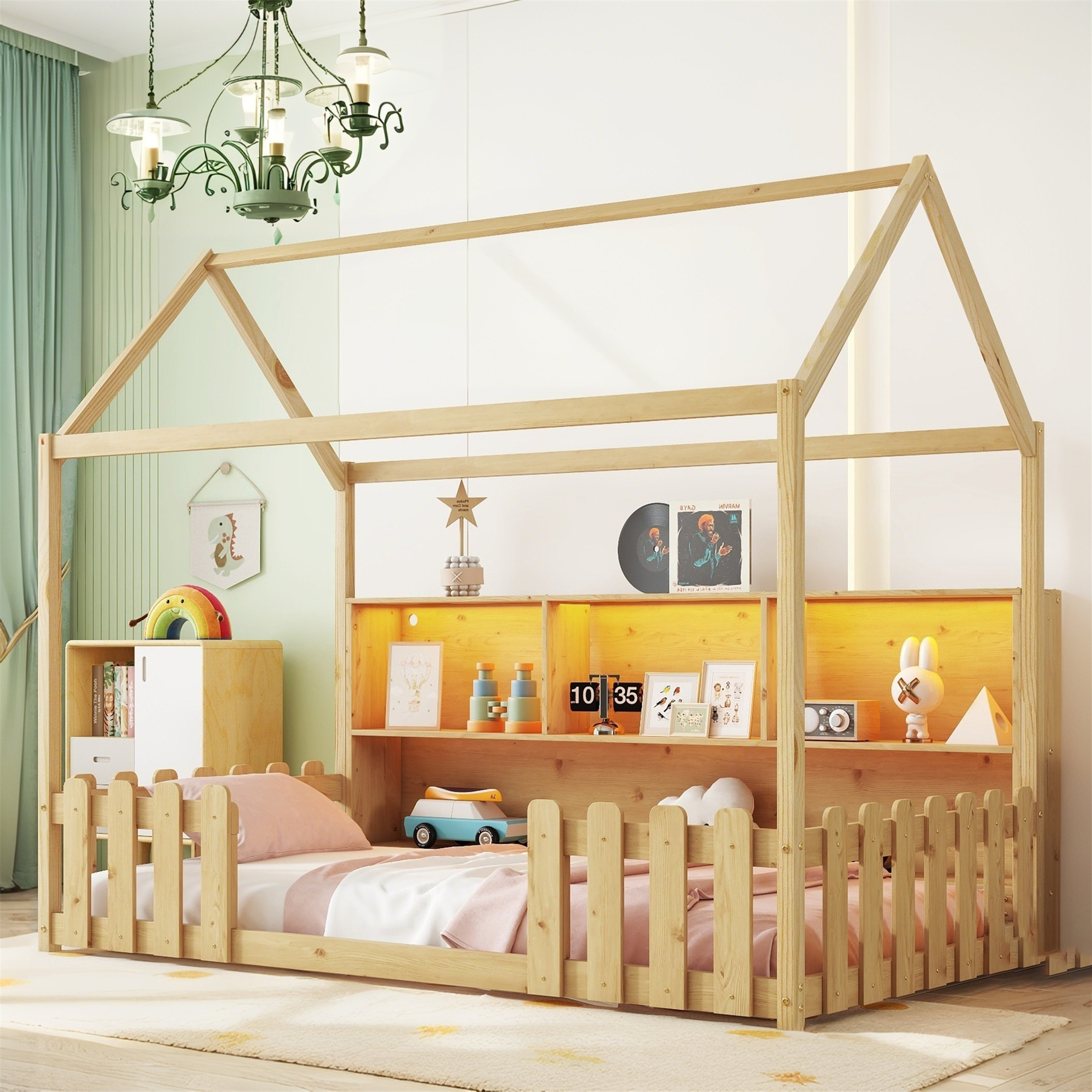 Harper Orchard Mid-Century Pine Storage Bed with Shelves and LED Light ...