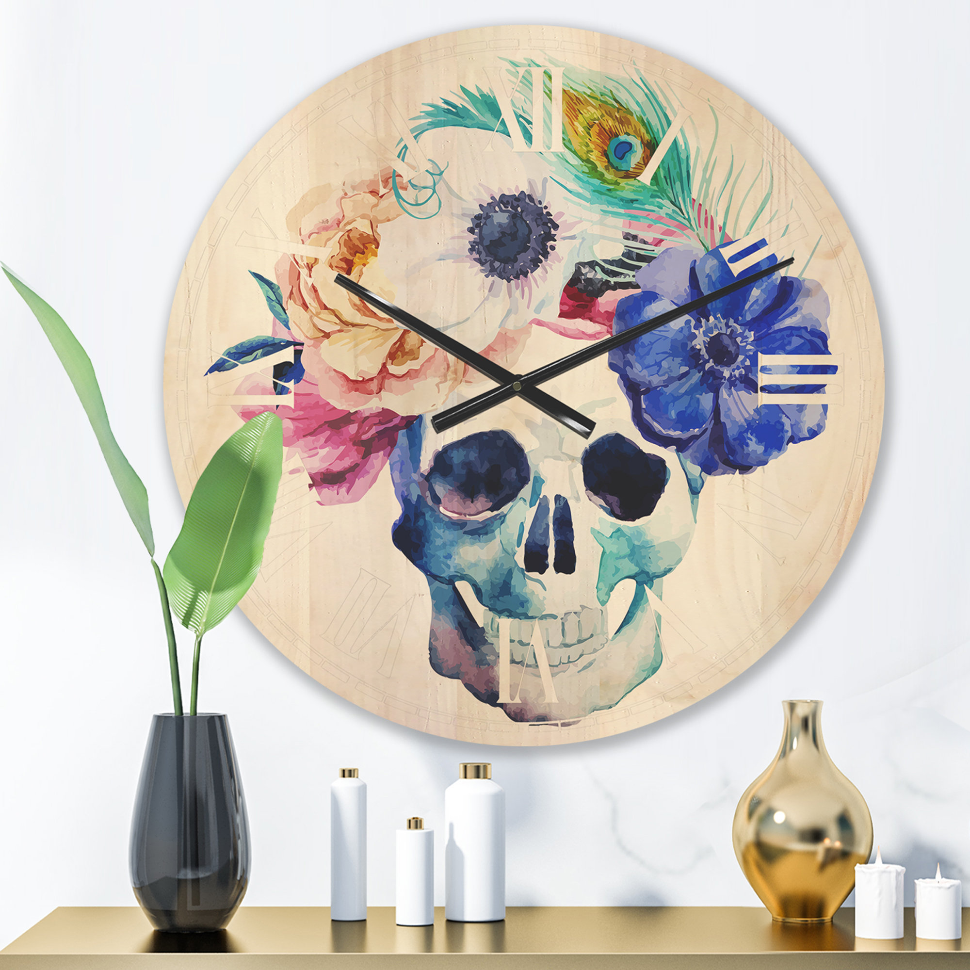 East Urban Home Anemones and Scull - Bohemian Wood Wall Clock | Wayfair