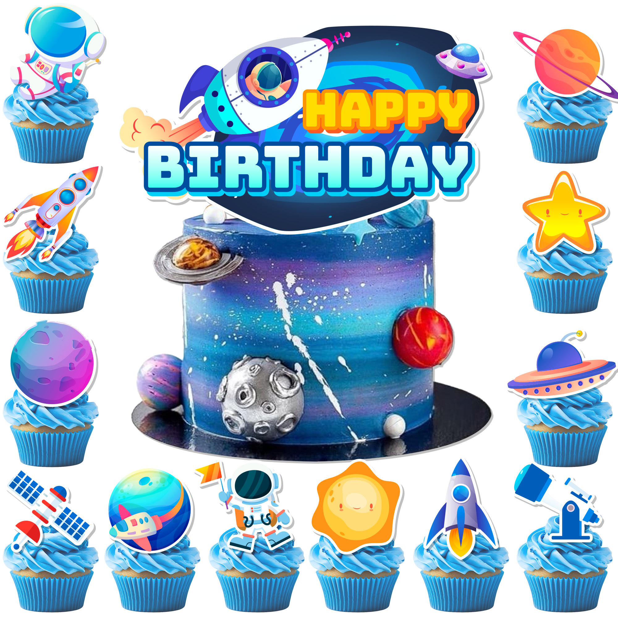 George Oliver Space Cake Topper, 25 Pcs Space Cake Decorations ...