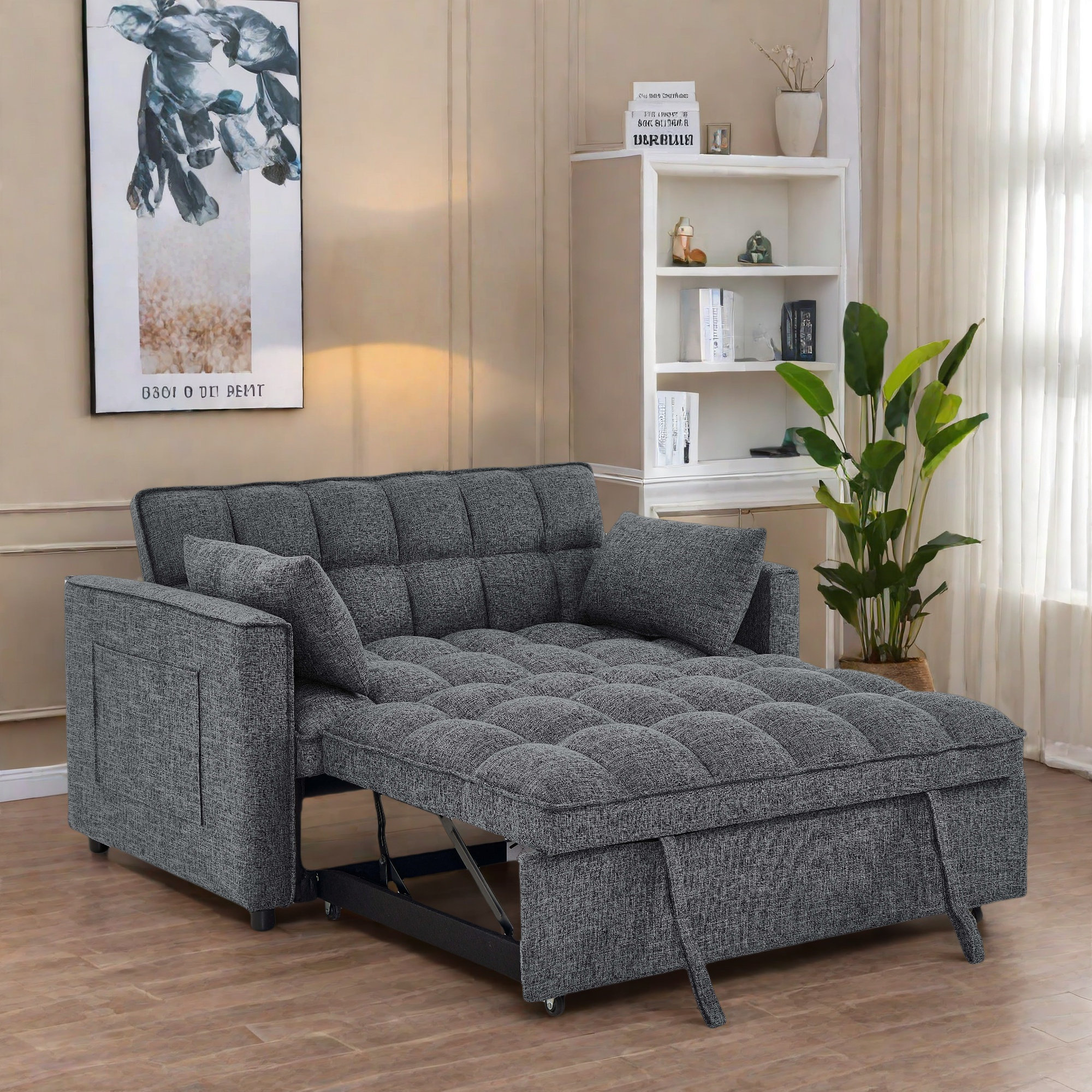 Ebern Designs Tufted Convertible Sleeper Sofa With Chaise With Foldable ...