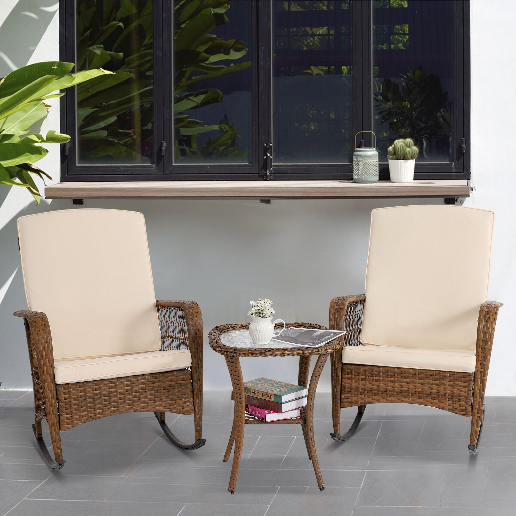 Red Barrel Studio® Cylas Wicker Rattan Outdoor Rocking Chair Set with ...