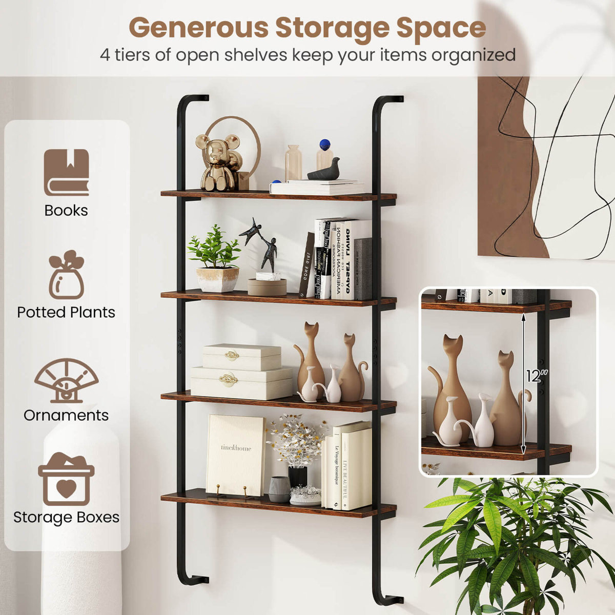 17 Stories 4-tier Wall-mounted Ladder Shelf Display Bookshelf With ...