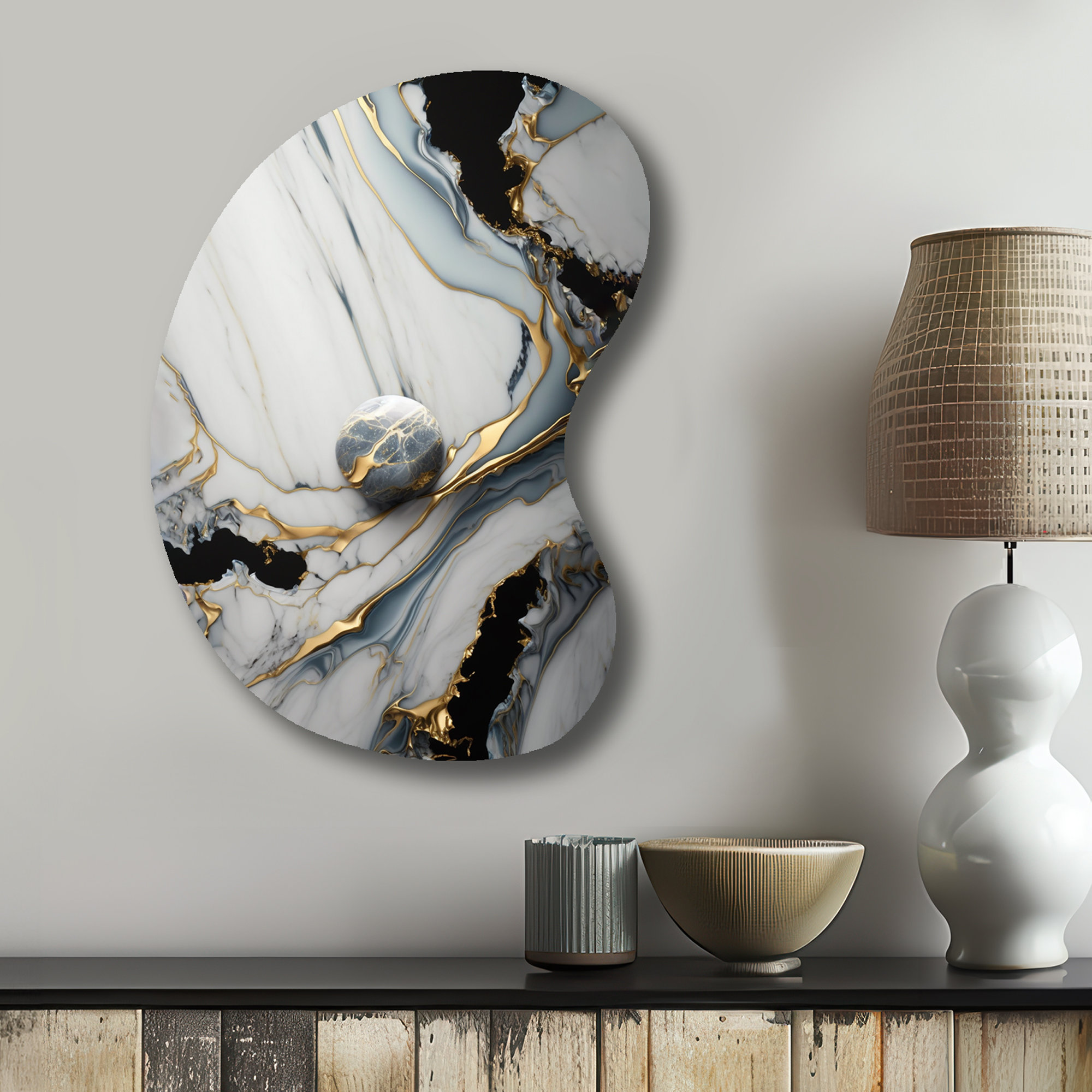 Design Art Abstract Geode Gold And White Marble III - Unique Shape Abstract Marble Metal Wall ...