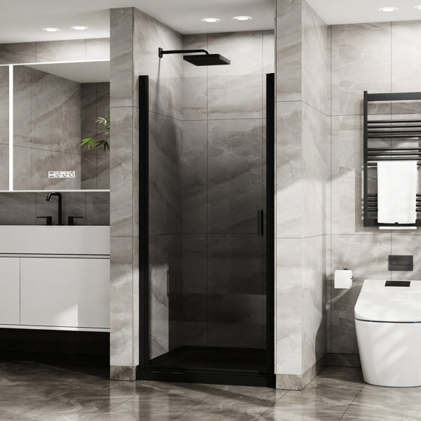 Banior 34"x72" Tempered Glass Pivot Door, Black Semi- Style, Waterproof ...