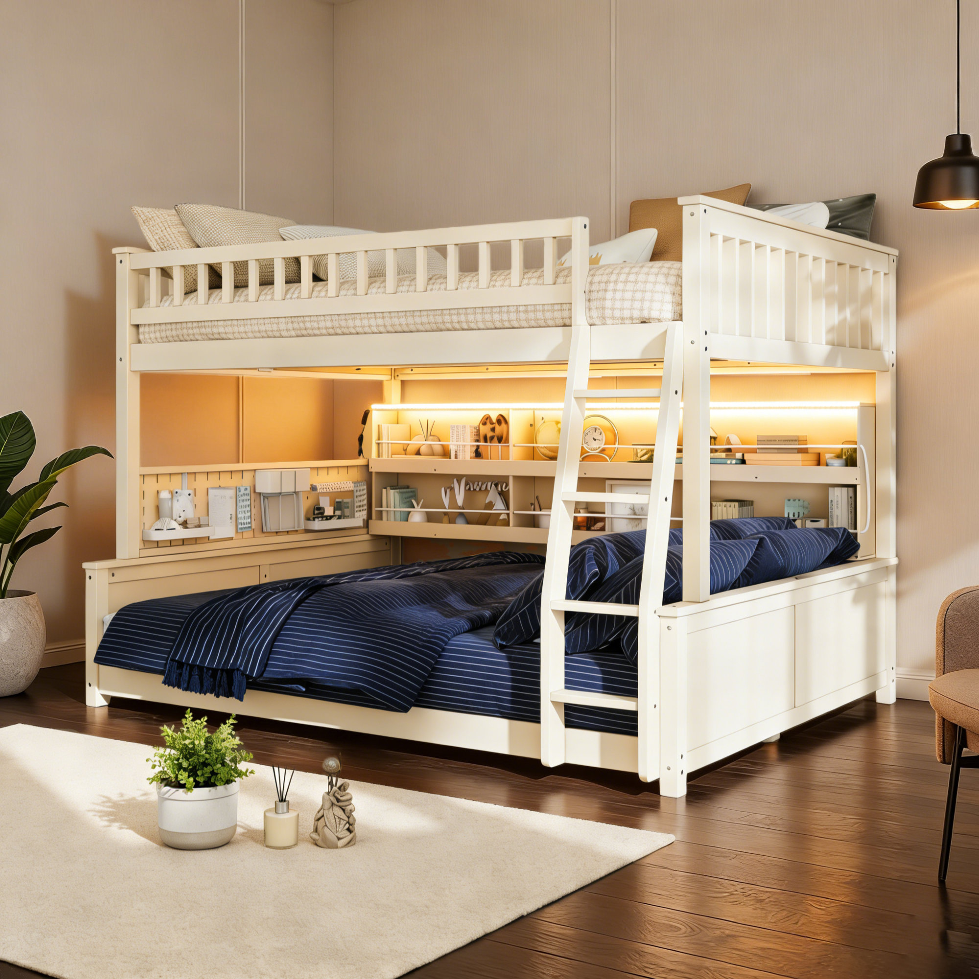 Harriet Bee Full Xl Over Queen Low Bunk Bed With Built In Lighted ...