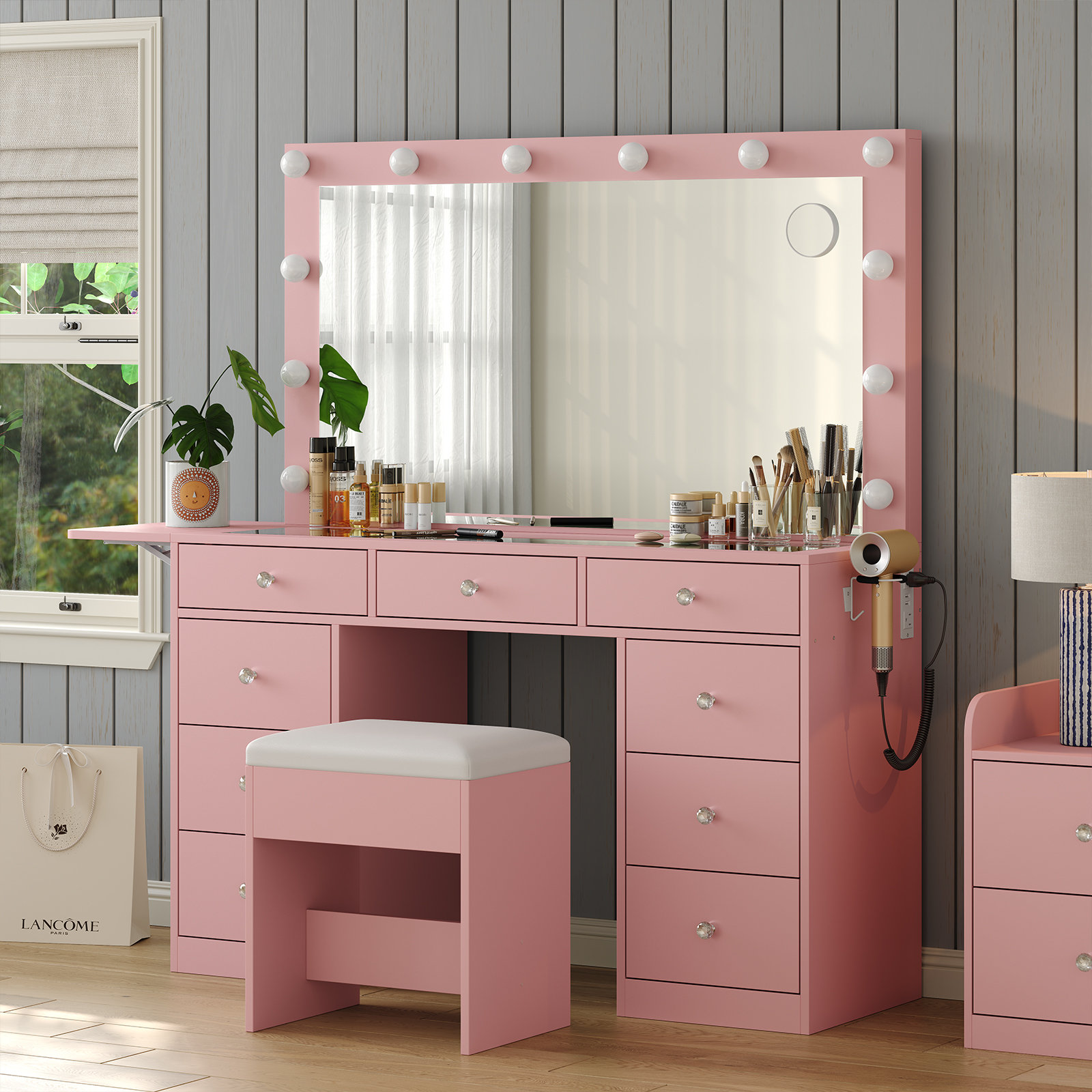 Latitude Run® Makeup Vanity with Power Outlet, 9 Drawers Vanity Desk ...