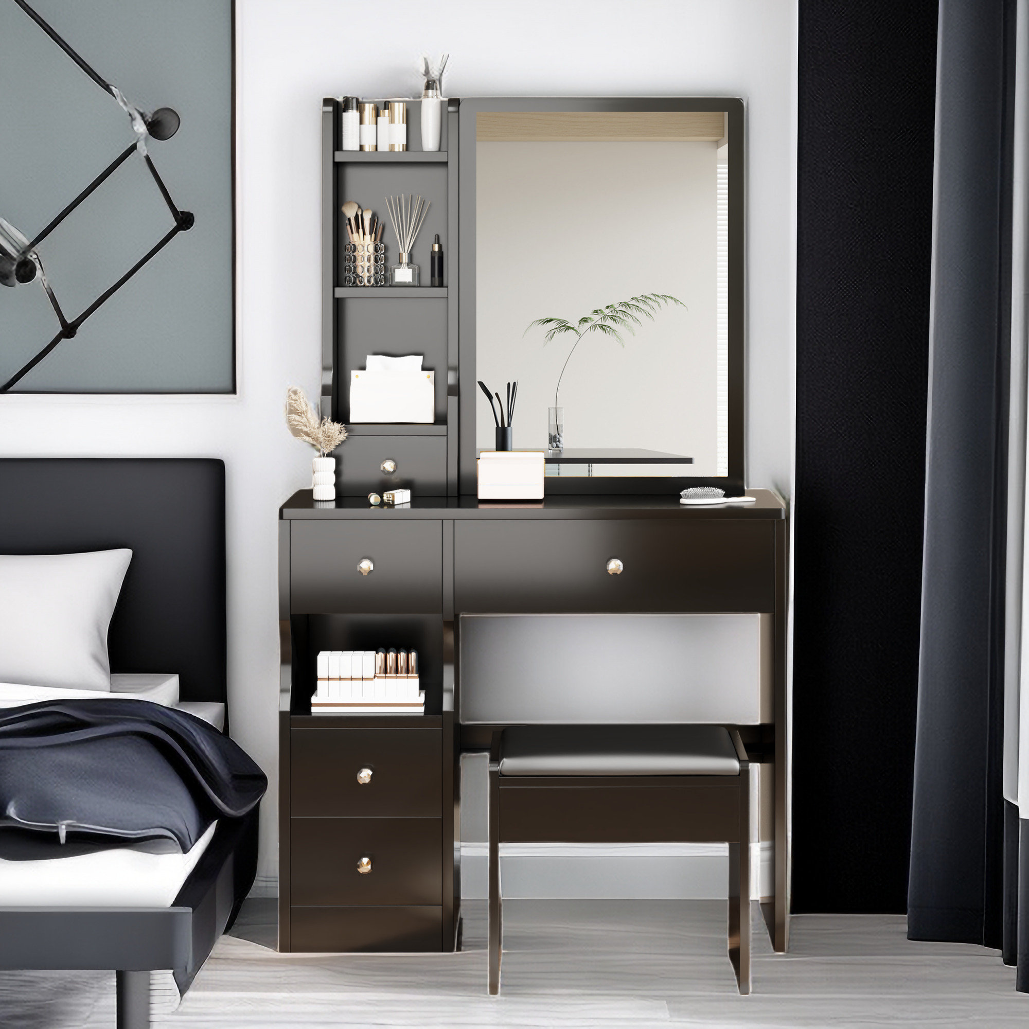 Latitude Run® Zaylea 5-Drawer Vanity Table With Upholstered Stool and ...