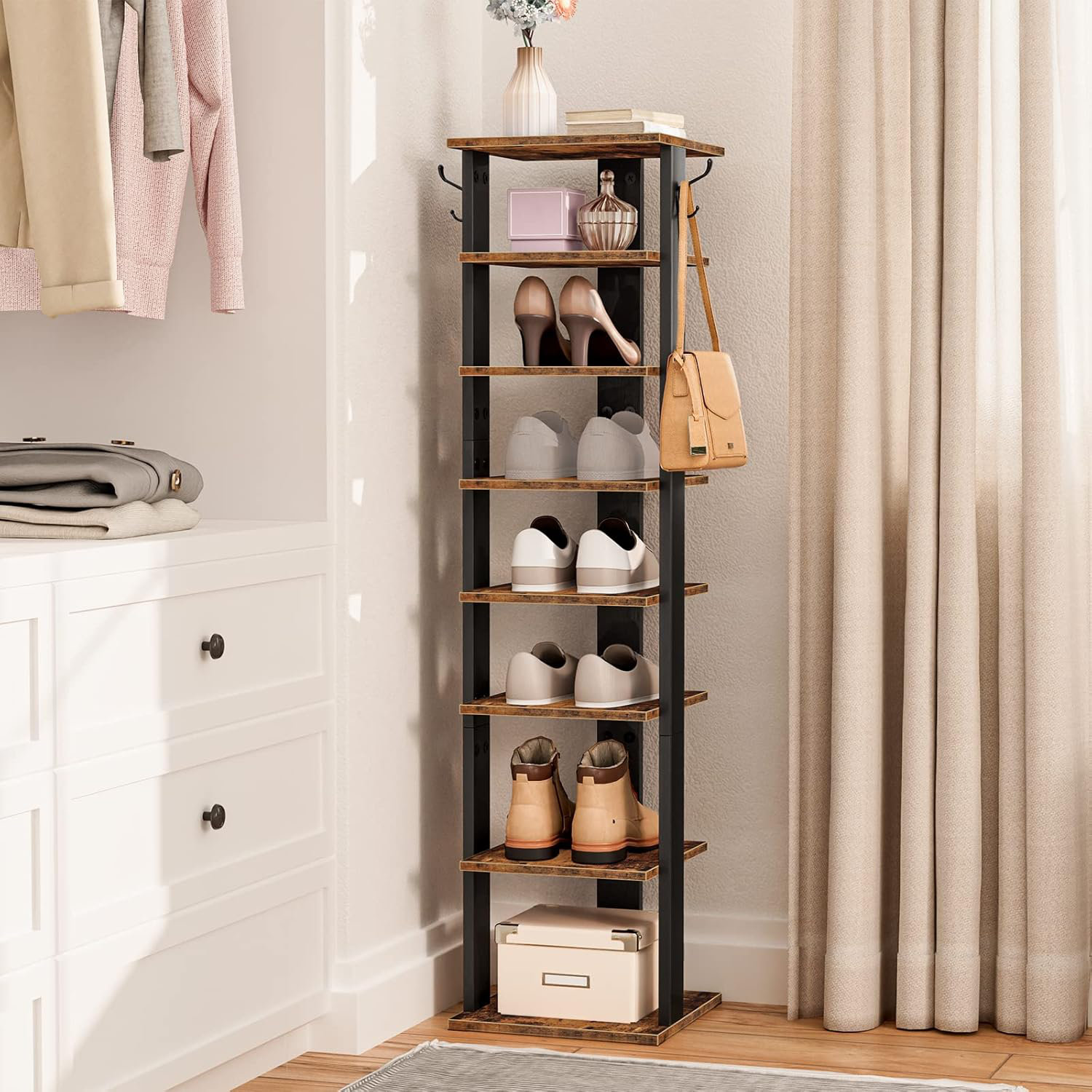17 Stories 8 Tiers Vertical Shoe Rack, Wooden Shoe Storage Organizer ...