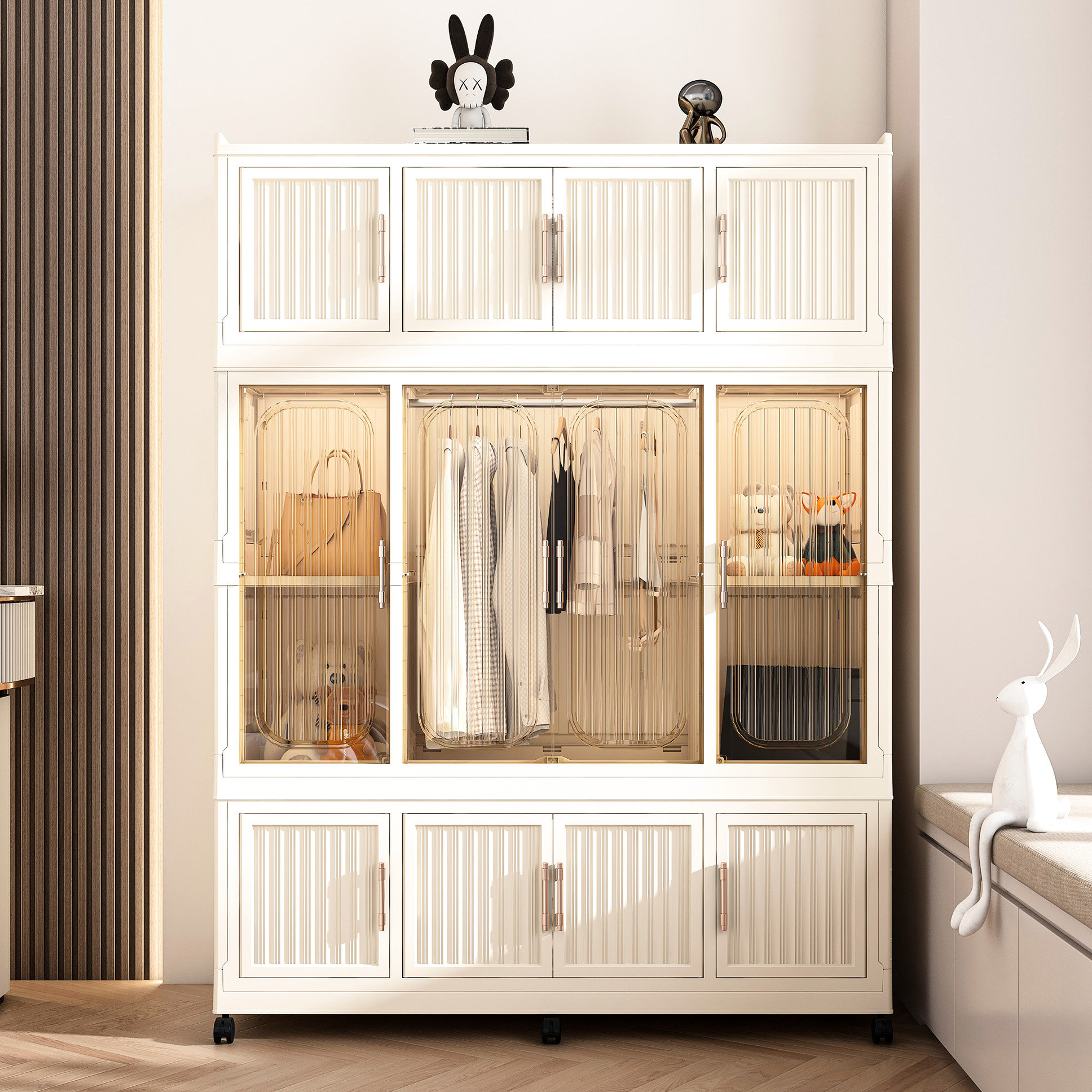 Ivy Bronx Grand garde-robe de rangement portatif, 12, tringle, blanc ...