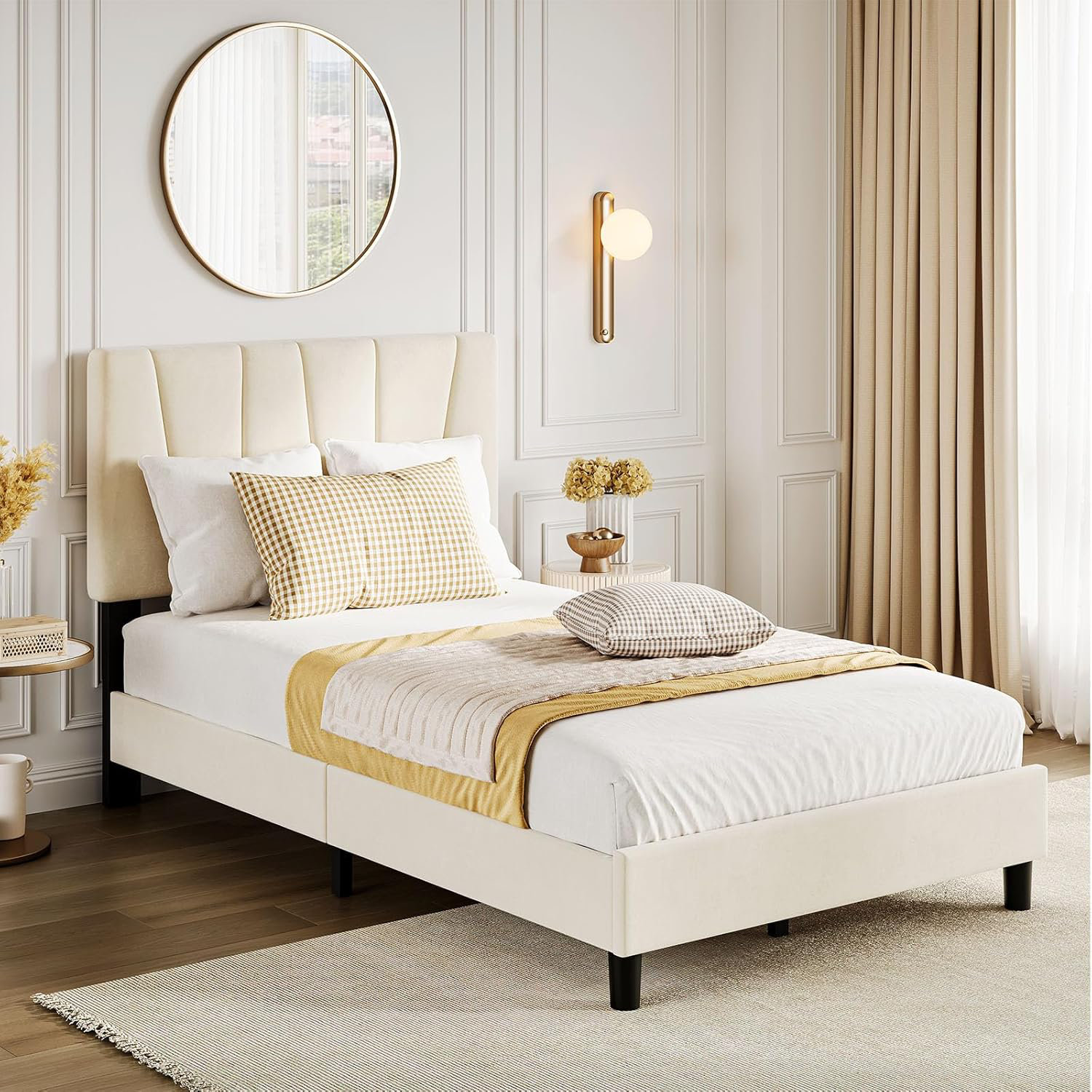 Ebern Designs Twin Bed Frame with Adjustable Headboard, Linen ...