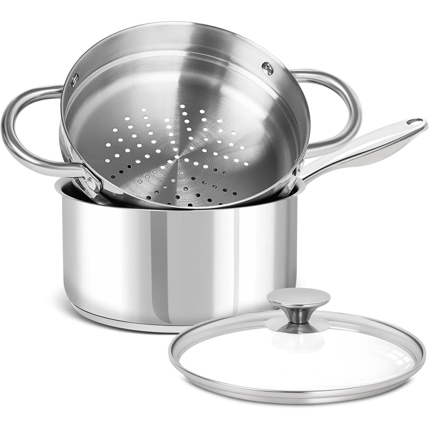 BN-LINKKL 3 Quart Saucepan With Lid & Steamer, Stainless Steel Sauce Pan With Triply Bottom, 3 ...