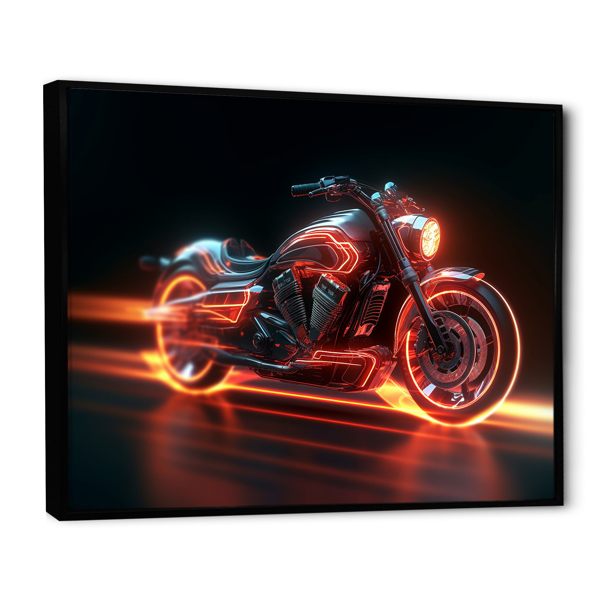 Design Art Neon Light Strips Around Silver Motorcycle On Canvas Print ...