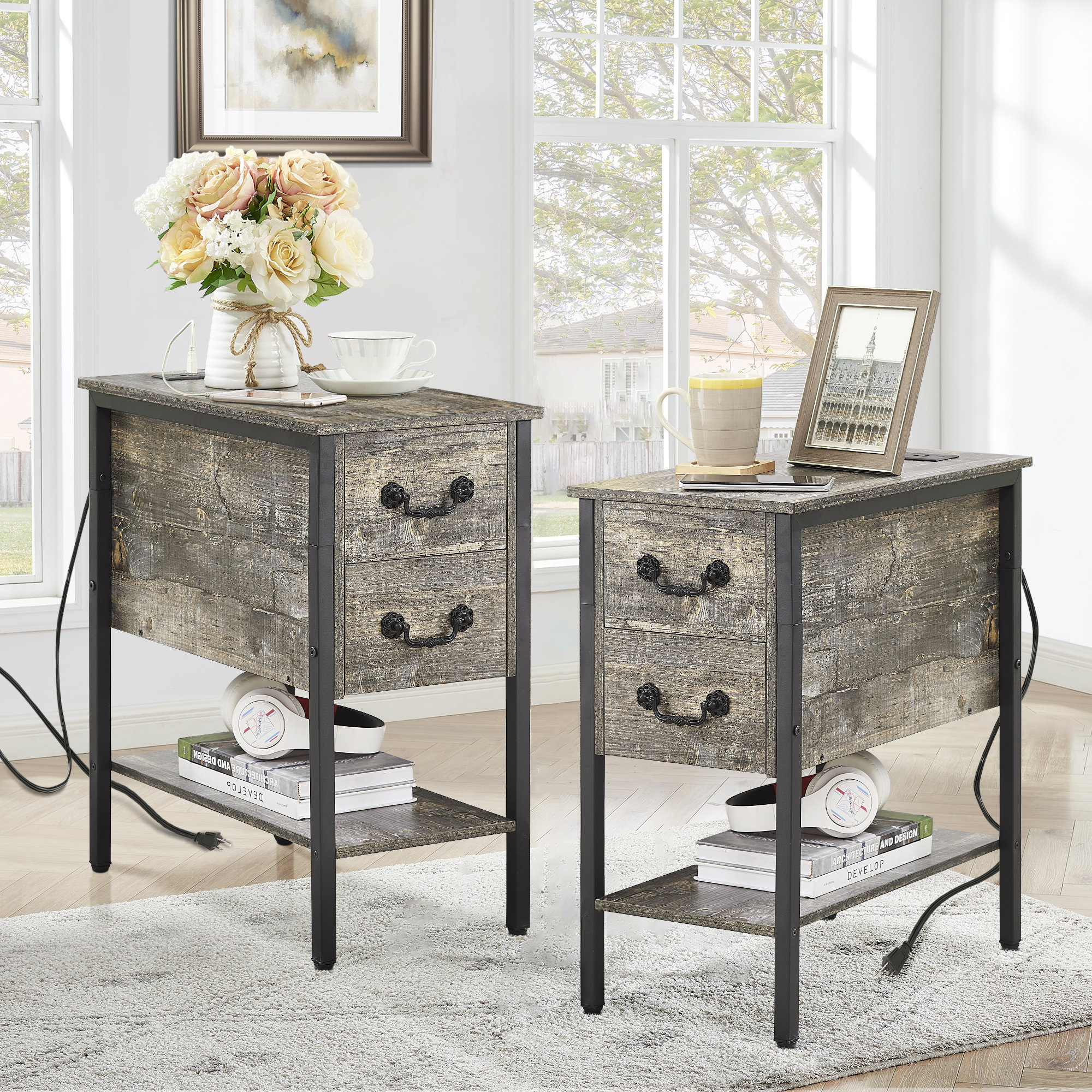 17 Stories Ortha 2 - Drawer End Table Set with Built-in Outlets ...