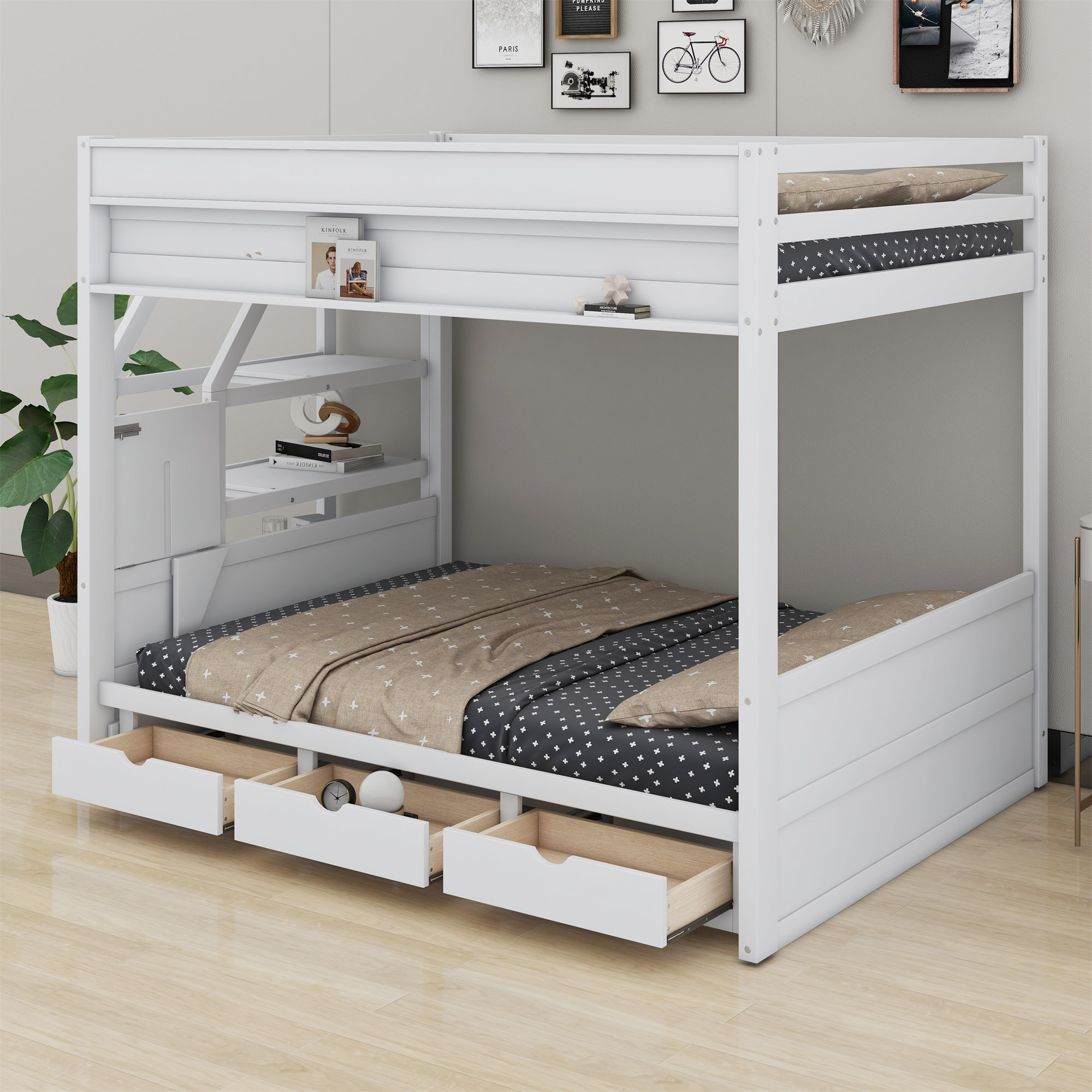 Harriet Bee Wood Convertible Bunk Bed With Storage Staircase,Bedside ...