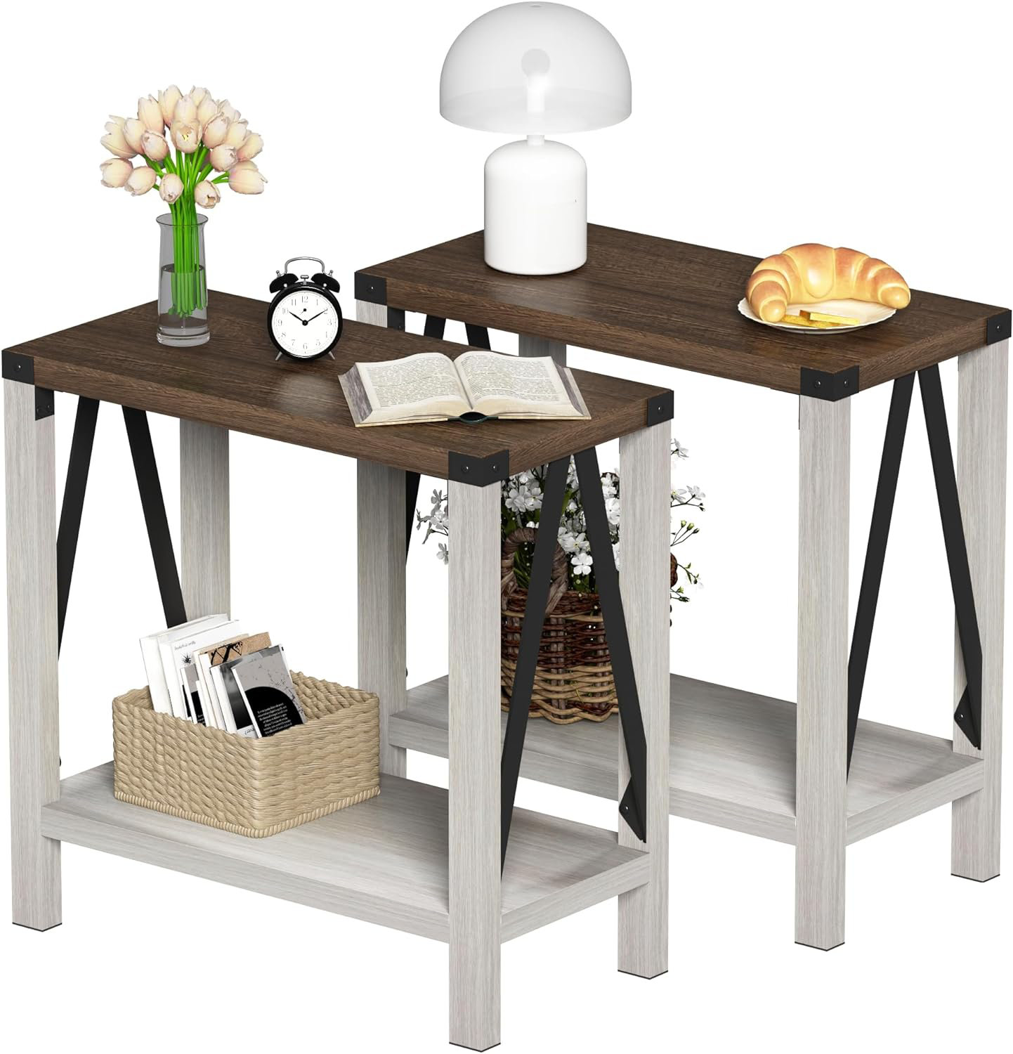 One Allium Way® Rustic Farmhouse End Table Set Of 2, Narrow Side Tables ...