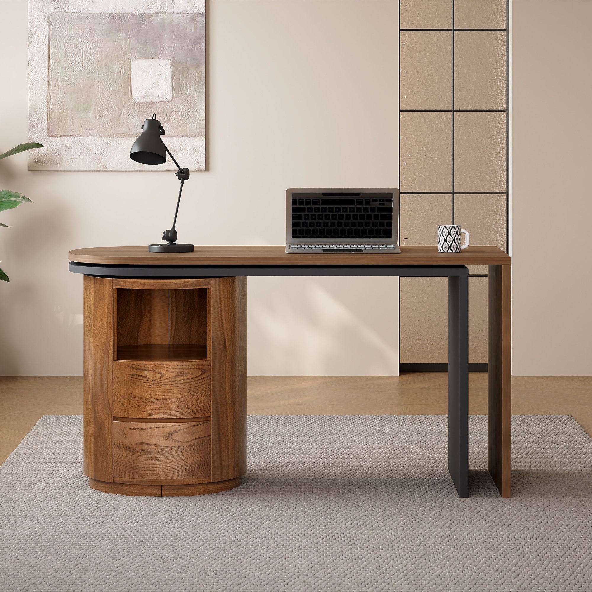 Latitude Run® " modern l-shaped desk in walnut with 2 drawers, open ...