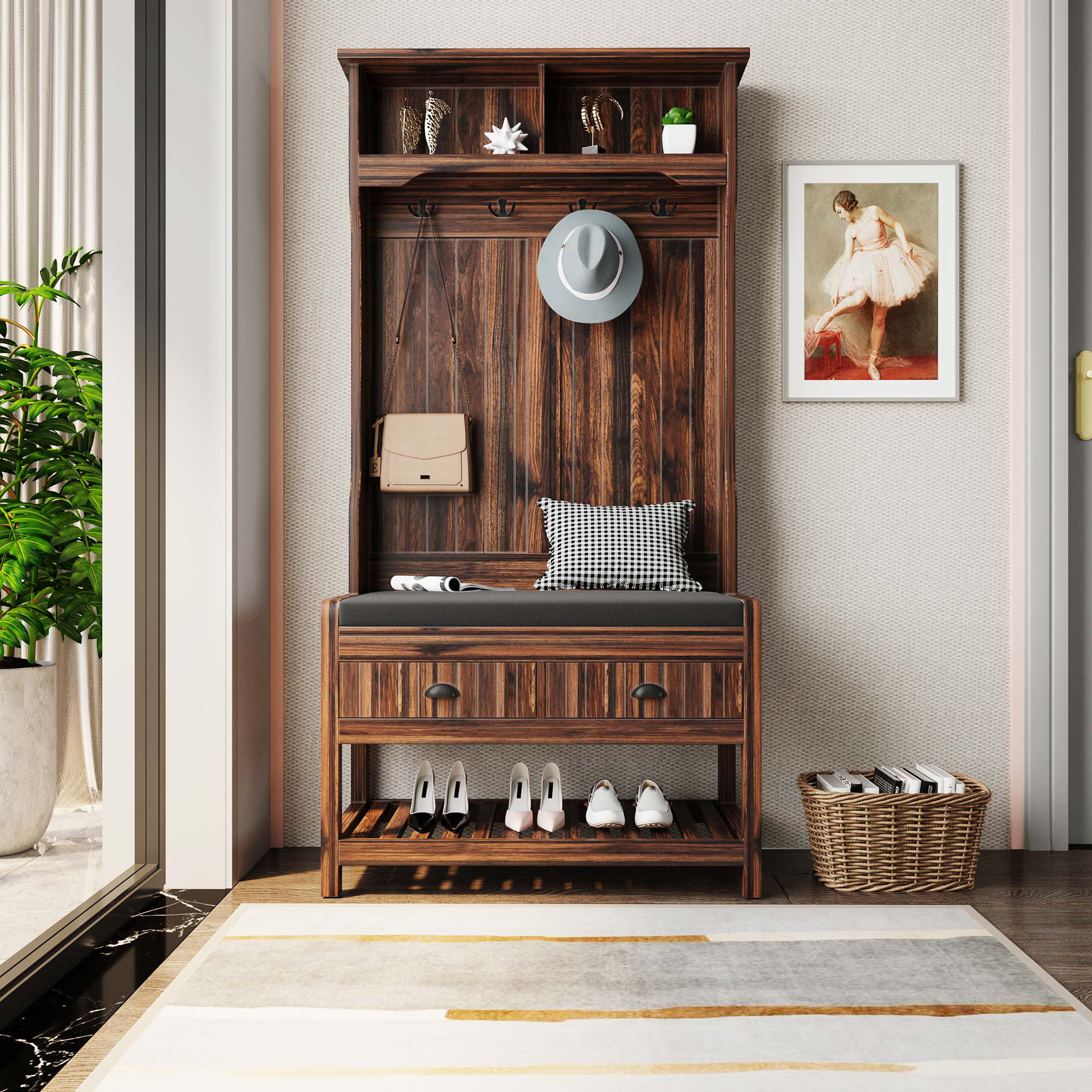 Red Barrel Studio Hall Tree with 4 Hooks and Hinged Lid, Coat Hanger ...