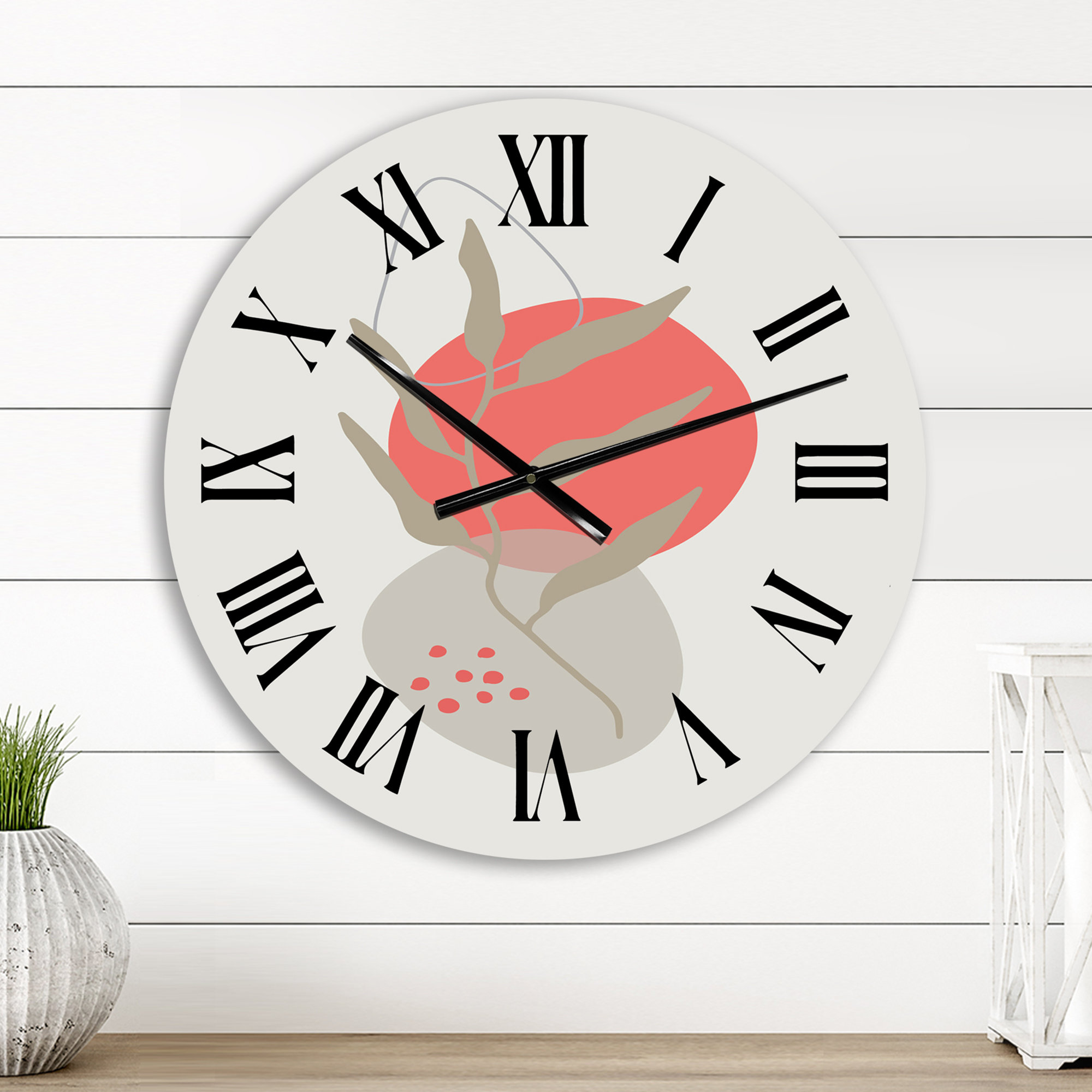 East Urban Home Red Boho Foliage Line I Wall Clock | Wayfair