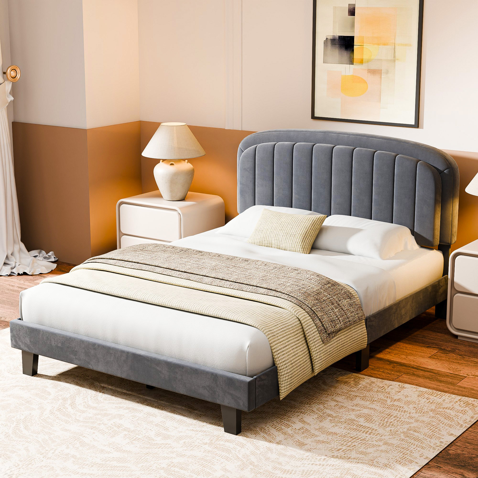 Mercer41 Bed Frame Upholstered Velvet Platform Bed With Adjustable ...