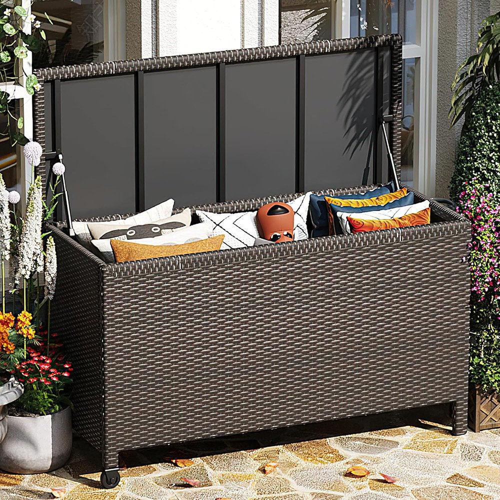 MAXAYA 125 Gallon Large Deck Box Waterproof PE Rattan Outdoor Storage B ...