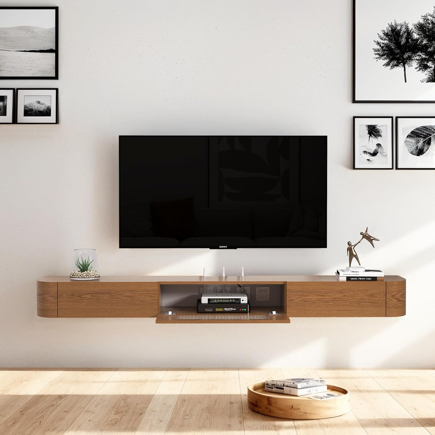 Hokku Designs Meuble télé flottant avec porte en verre et tiroirs, console média murale en bois ...