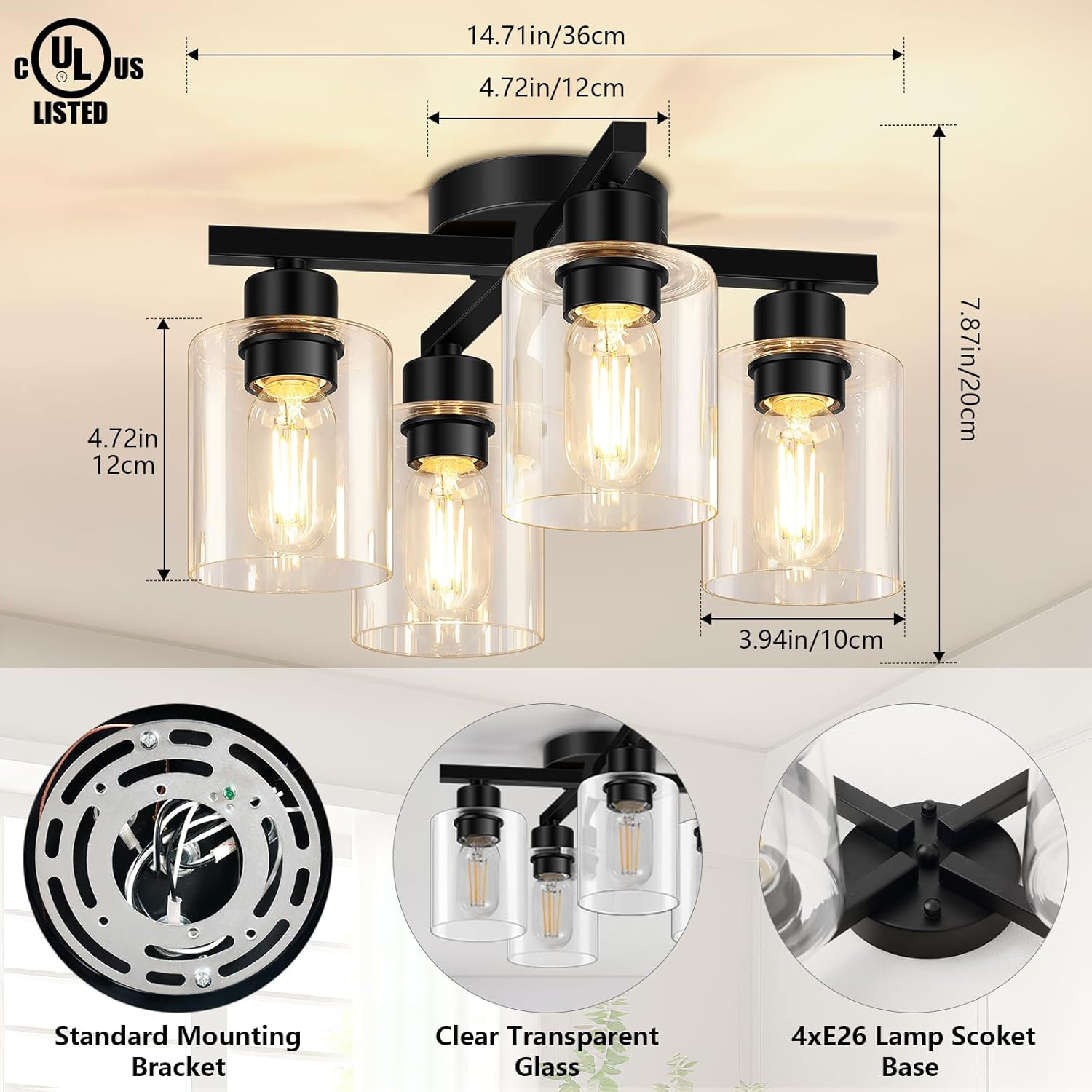 BONLOD Semi Flush Mount Ceiling Light 4-Lights Kitchen Lighting ...