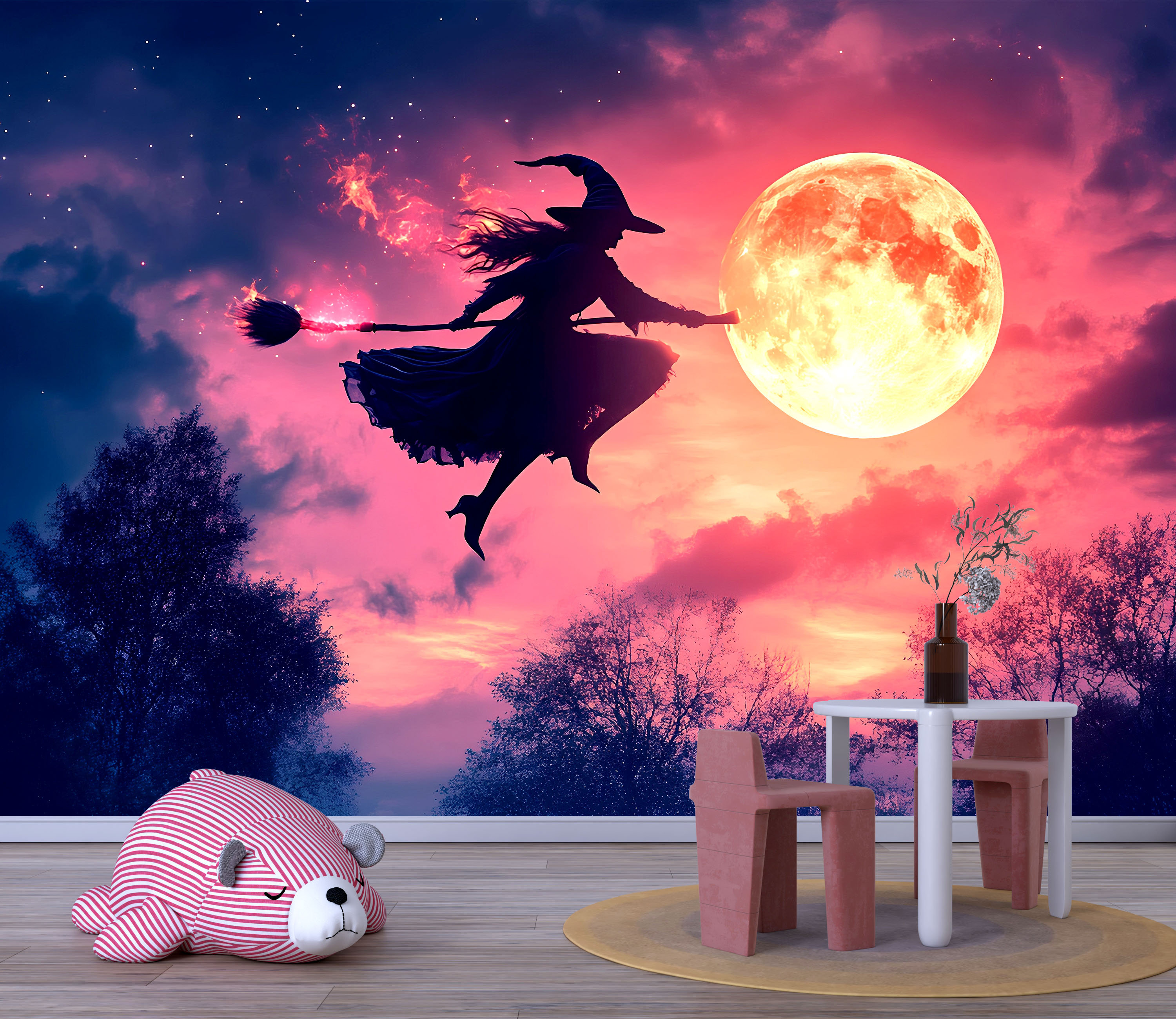 Stickalz Magical Halloween Wallpaper - Witch Flying Over Full Moon Wall ...