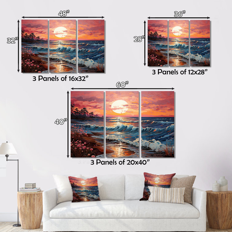 Highland Dunes Beach Crimson Sunset Pointillism On Canvas 3 Pieces ...