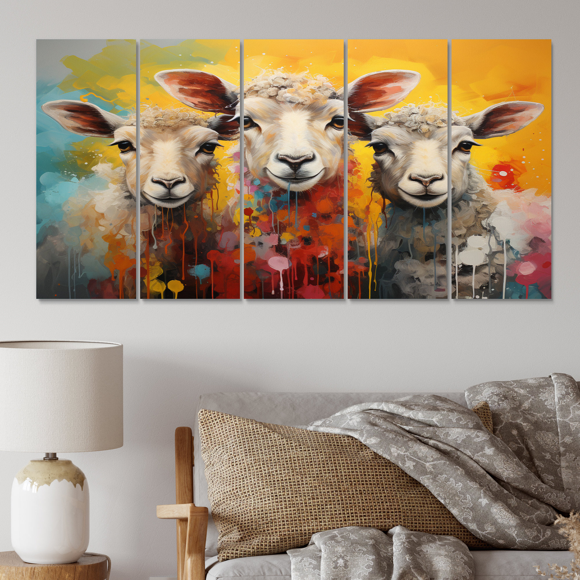 Rosalind Wheeler Colorful Sheep Fuzzy Friends On Canvas 5 Pieces Print ...