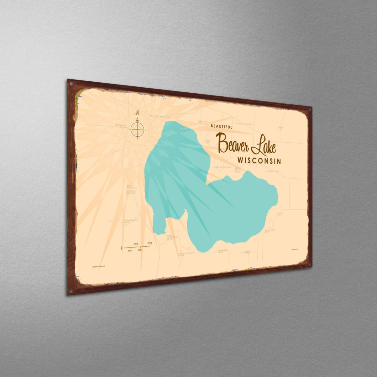 Breakwater Bay Art of Place - Beaver Lake Wisconsin Map Rustic Metal ...