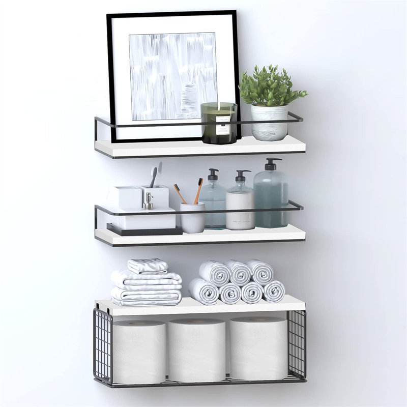17 Stories Floating Shelves Wall Mounted With Storage Basket And ...