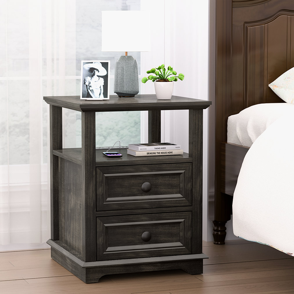 Red Barrel Studio® Table de chevet 2 tiroirs avec rangement et prises ...