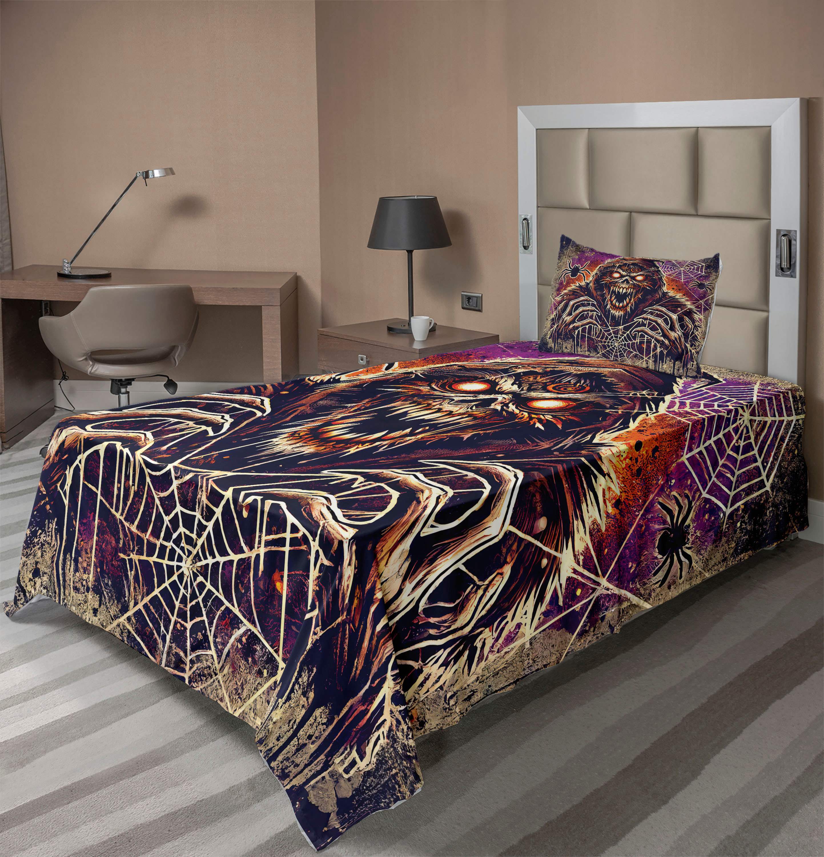 Ambesonne Halloween Sheet Set Grunge Scary Zombie Mage Purple Orange ...