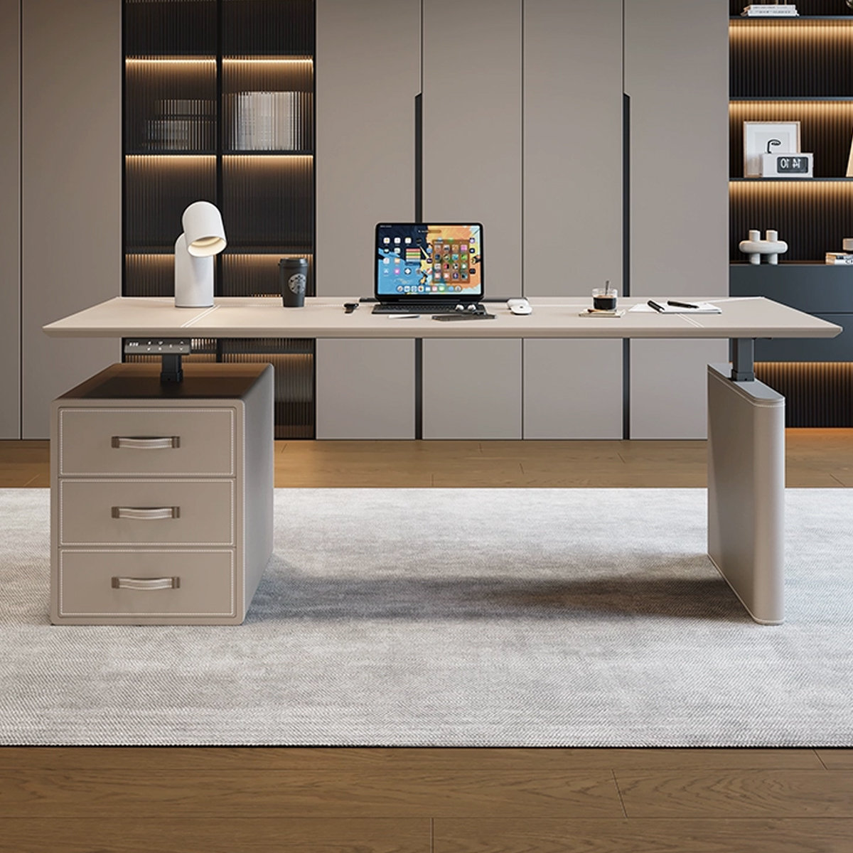 Inbox Zero Intelligent Electric Height-Adjustable Saddle Leather Desk | Wayfair
