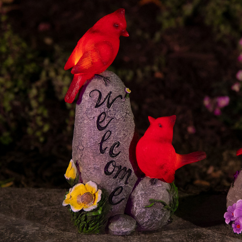Exhart Solar Cardinals On A Hand Painted Welcome Rock Garden Statuary ...