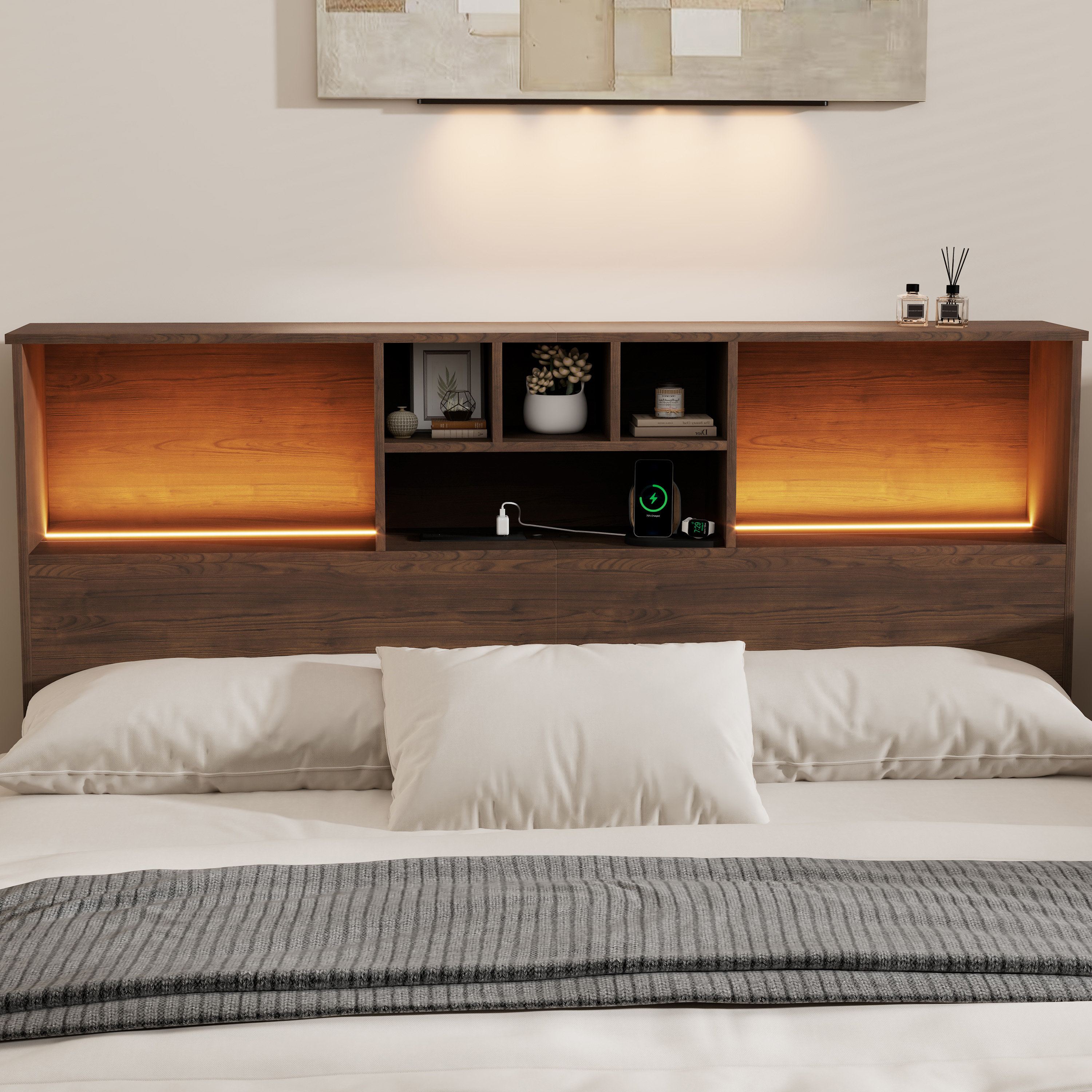 East Urban Home Modern Wooden Bookcase Headboard with Adjustable LED ...