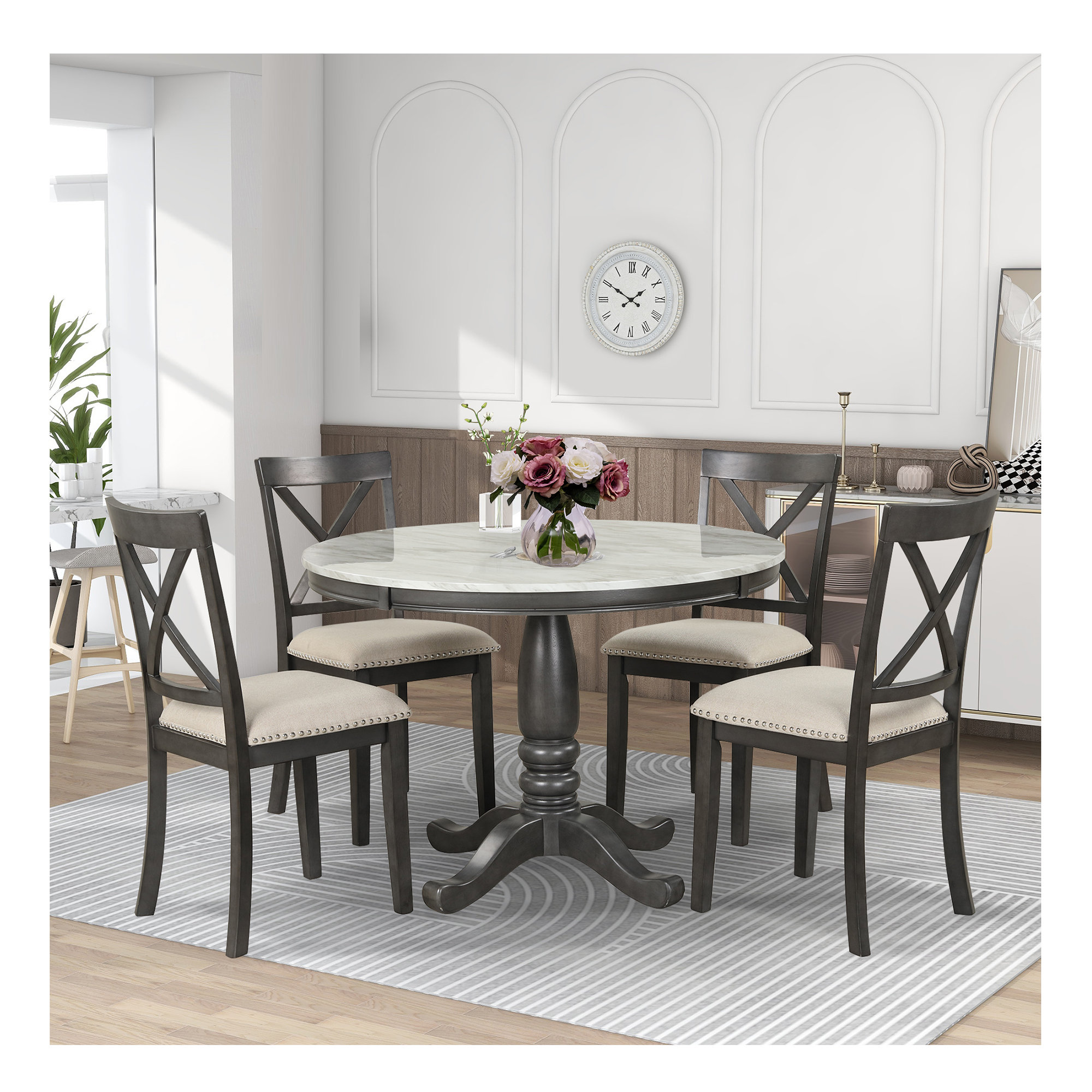 Rosalind Wheeler 5-Piece Grey Dining Table Set, Solid Wood Table + 4 ...