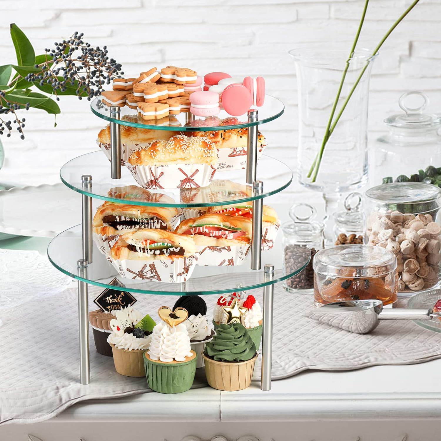 Ivy Bronx 3 Pcs Tempered Glass Cupcake Stands,Round Food Display Stand ...