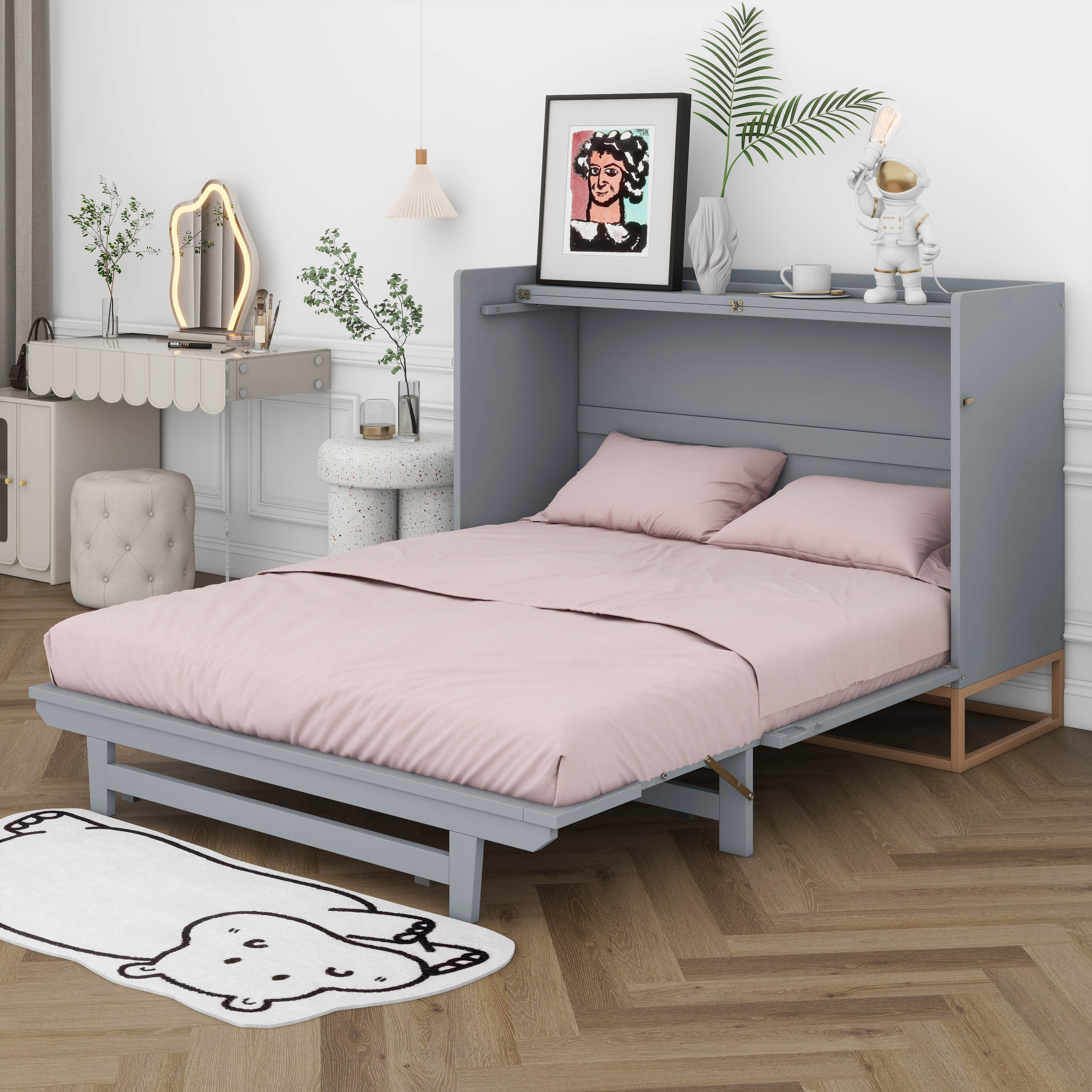 Latitude Run® Queen Wooden Murphy Bed With Iron Legs, Modern Mobile ...