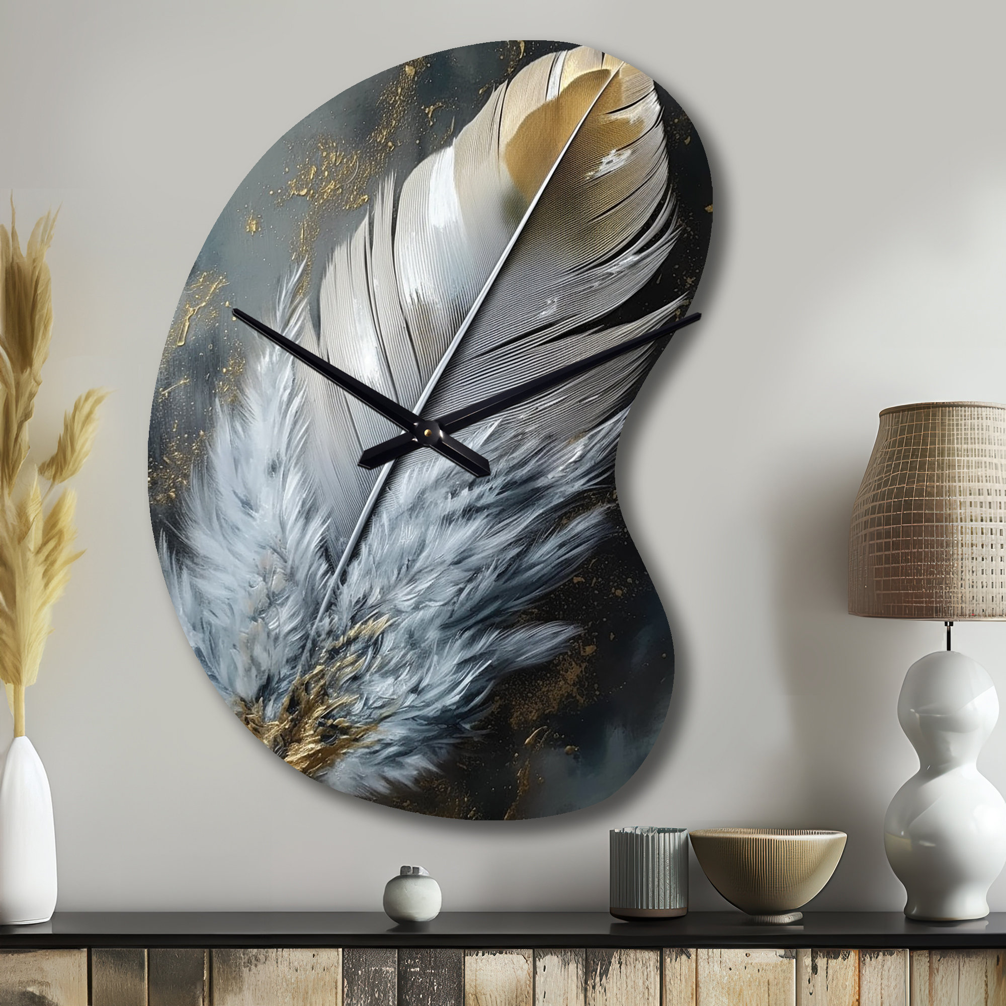 Design Art Gold Boho Chic Feathers V - Boom Shape Gold Wall Clock ...