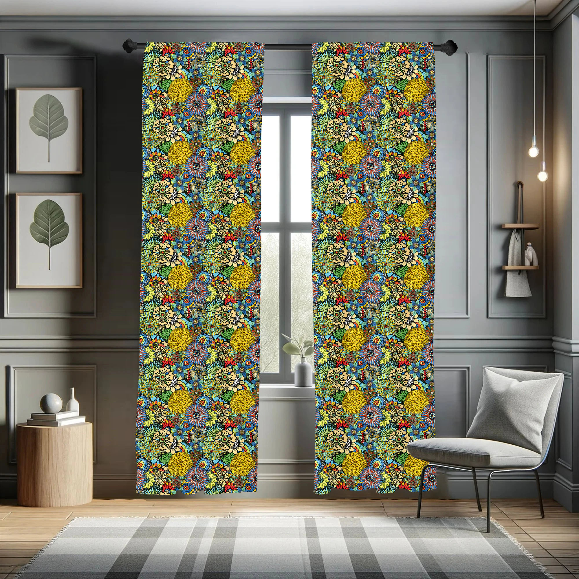 Ambesonne Garden Art Floral Semi-Sheer Rod Pocket Curtain Panels ...